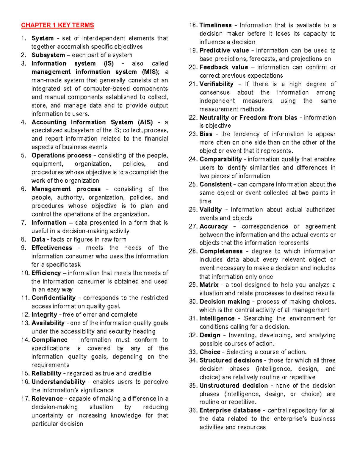 AIS Midterm Reviewer - CHAPTER 1 KEY TERMS System - set of interdependent elements that together ...