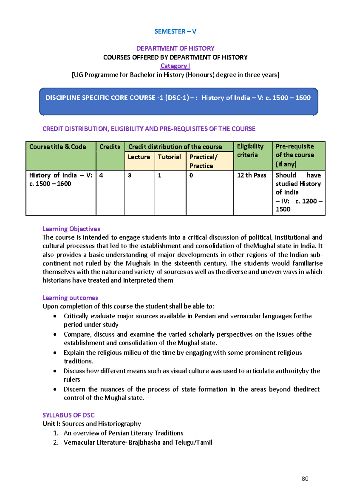 BA History HONS. SEM 5 Syllabus - SEMESTER – V DEPARTMENT OF HISTORY COURSES OFFERED BY ...