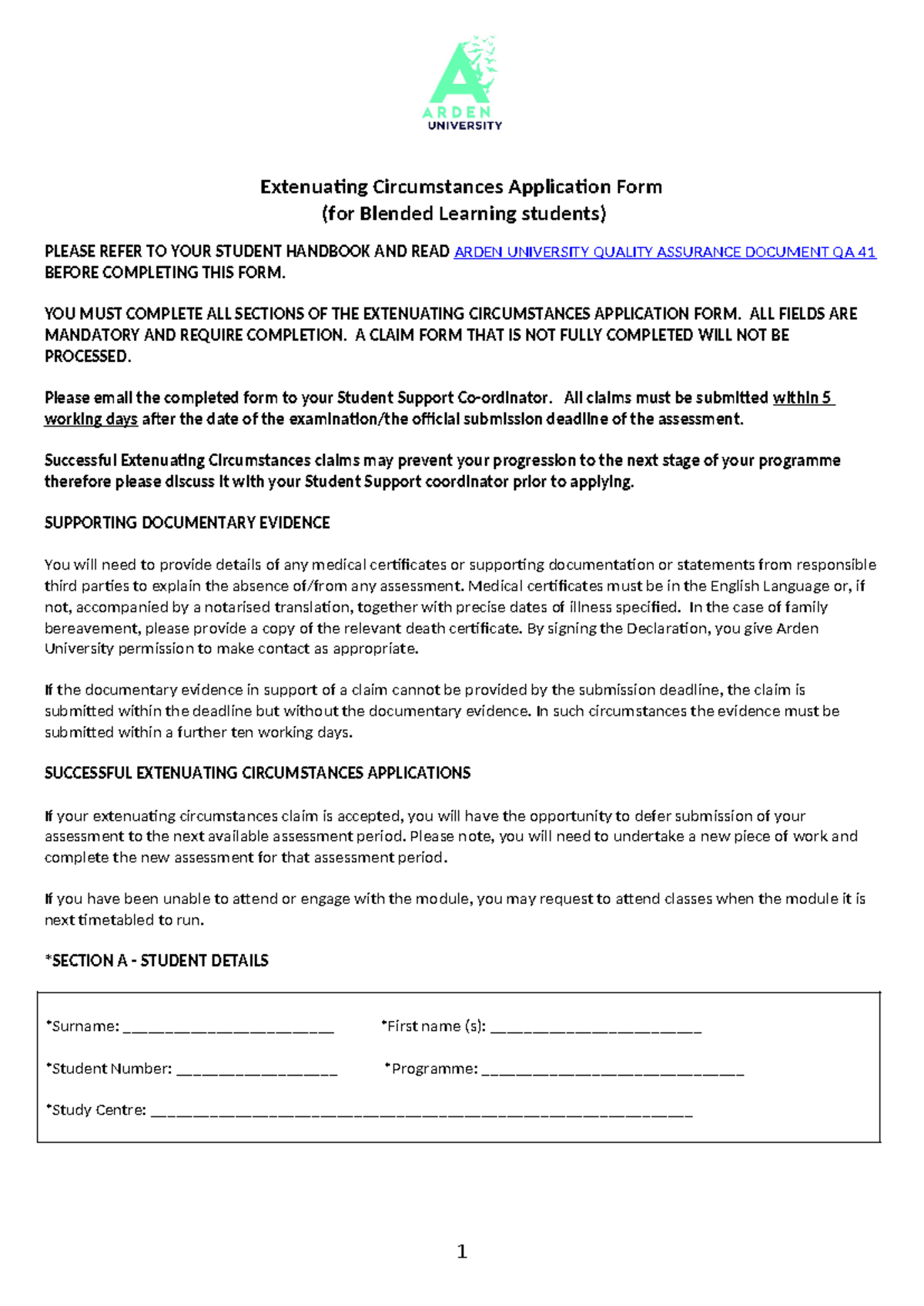 QA 41A -Extenuating Circumstances Form - BL V6 - Extenuating ...