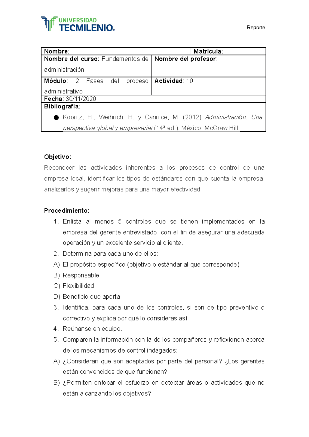Actividad 10 Fundamentos DE Administraci N - Nombre : Matrícula : Nombre del curso: Fundamentos ...
