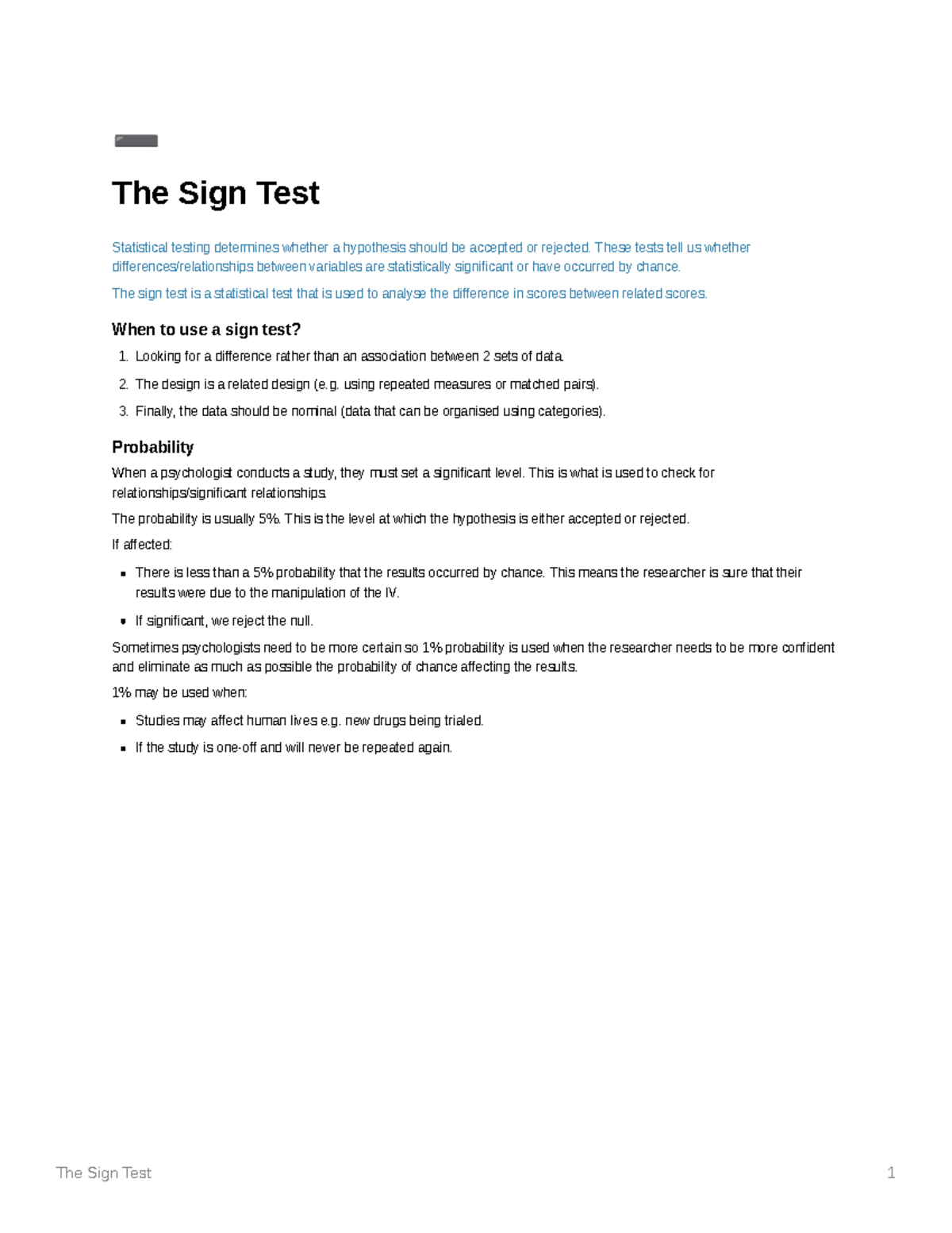 Sign Test - AS Psych - The Sign Test 1 The Sign Test Statistical ...