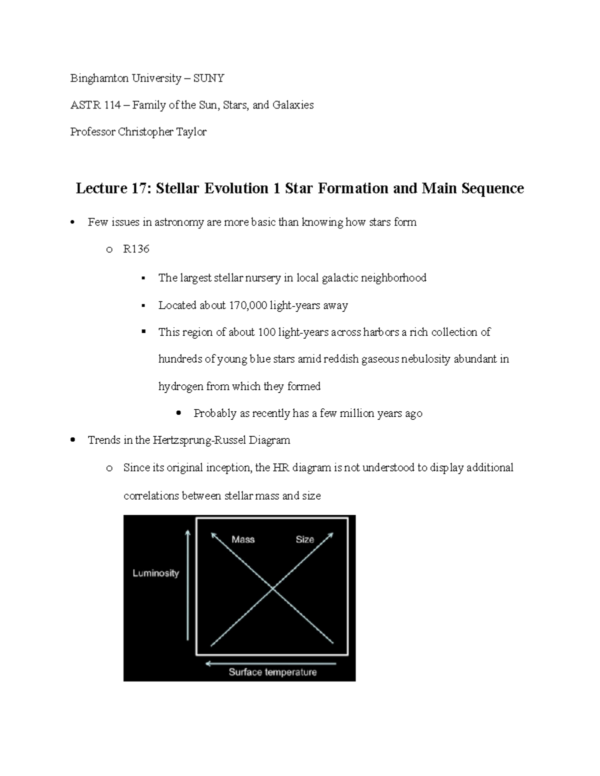 Notes on Lecture 17 - Stellar Evolution 1 Star Formation and Main ...