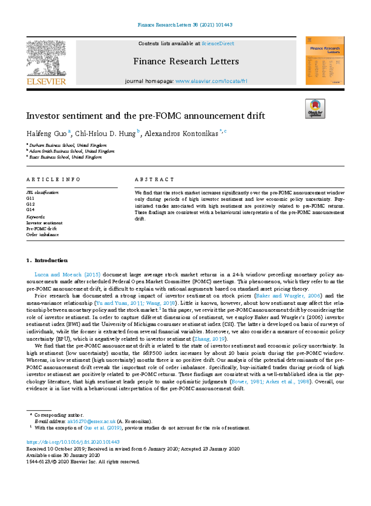 Investor sentiment and the pre-FOMC announcement drift - Finance Research Letters 38 (2021 ...