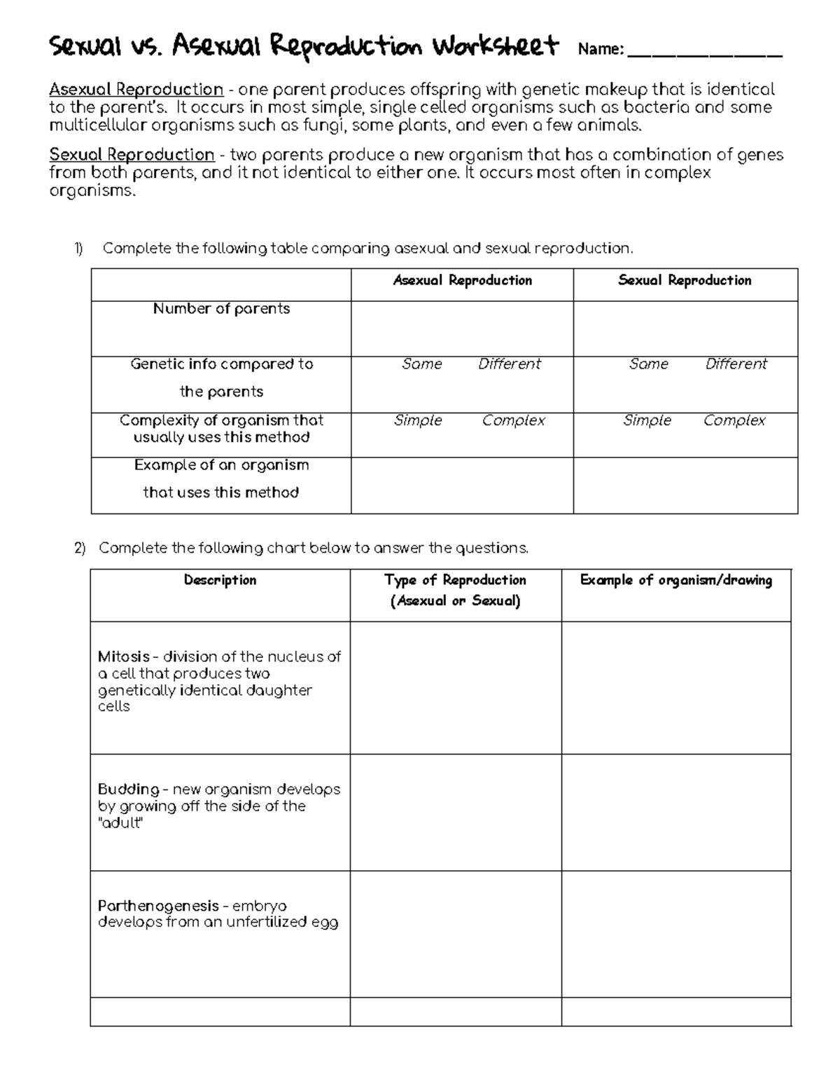 Sexual and asexual handout 2 - Sexual vs. Asexual Reproduction ...