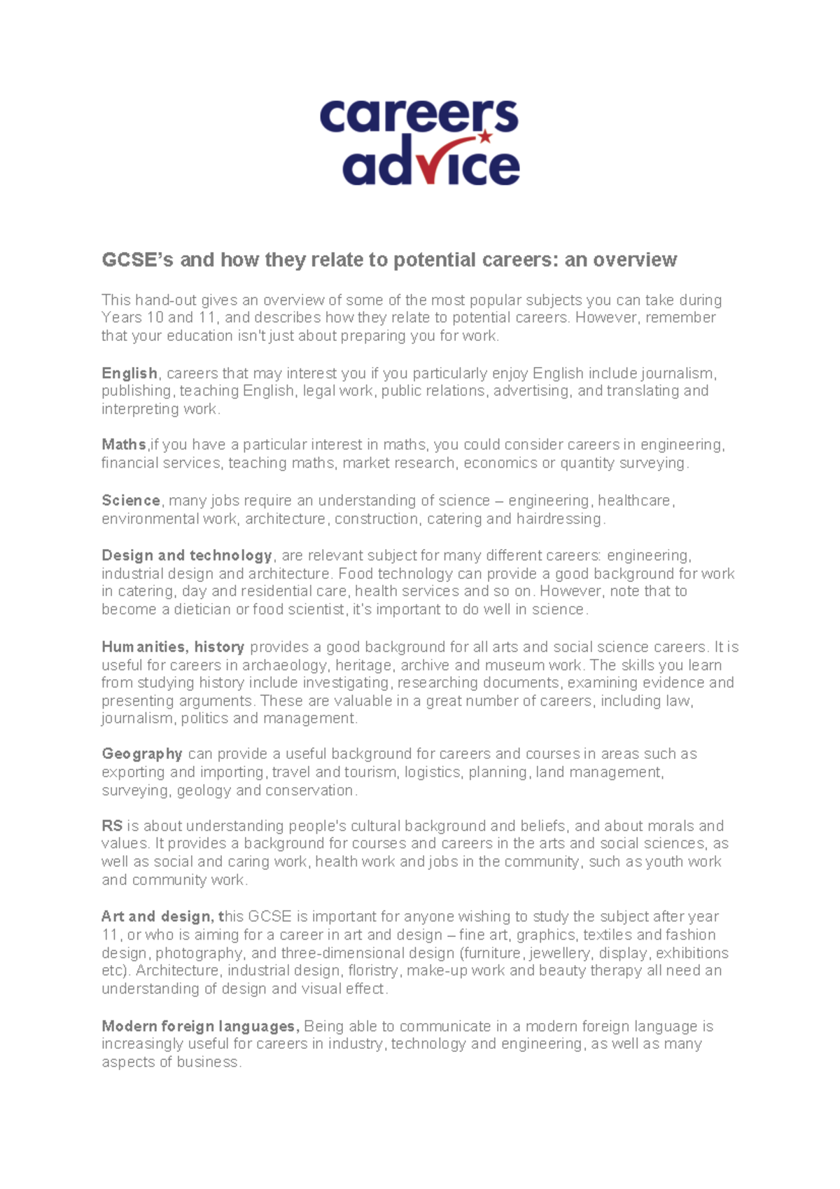 Gcse-advice-sheet - Hye - GCSE’s and how they relate to potential ...