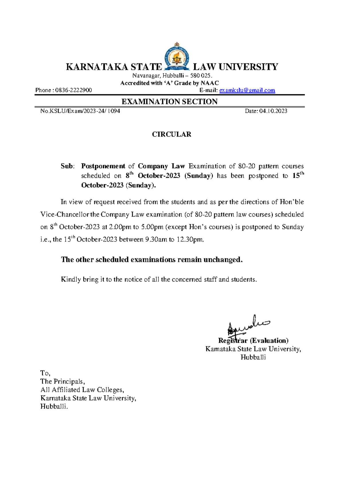 Postponement of Company Law subject Exam Circular.pdf - KARNATAKA STATE LAW UNIVERSITY Navanagar ...