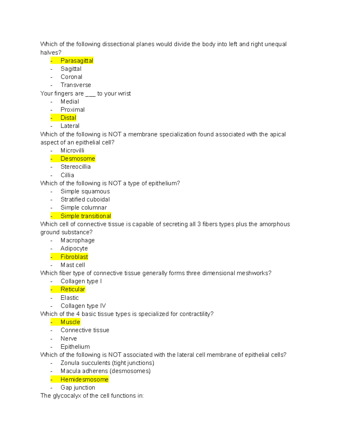 ANA 209 EXAM 1 Study Guide - Which of the following dissectional planes ...