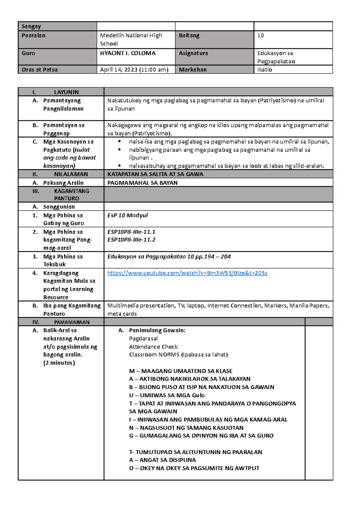 Coloma ESP 10 CO1 2022-2023 - Education - SPU - Studocu
