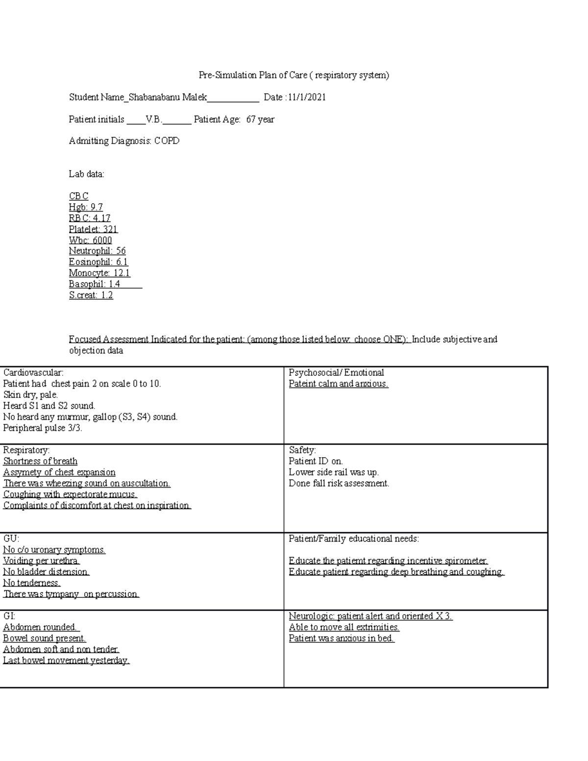 Care plan assess Pre-Simulation template - Pre-Simulation Plan of Care ...