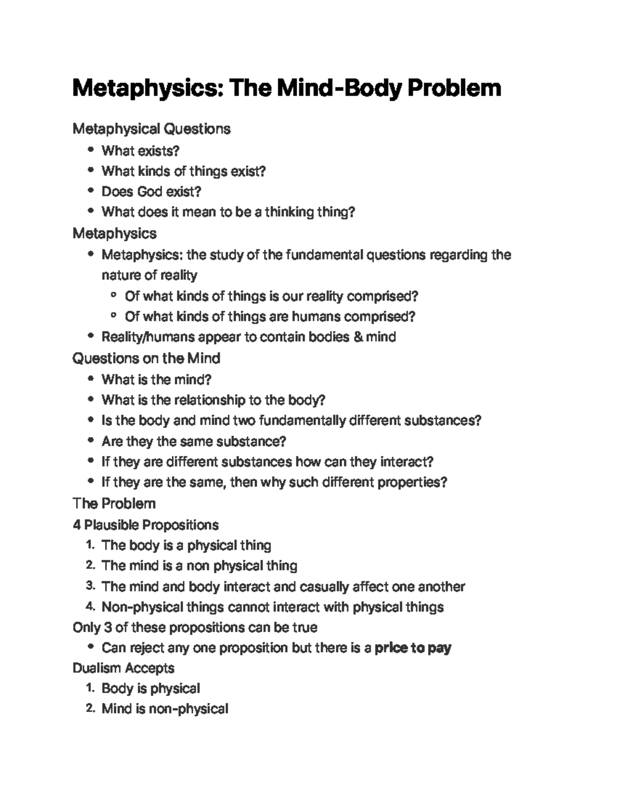 Metaphysics The Mind-Body Problem - M e ta p hys i c s : T h e M i n d ...