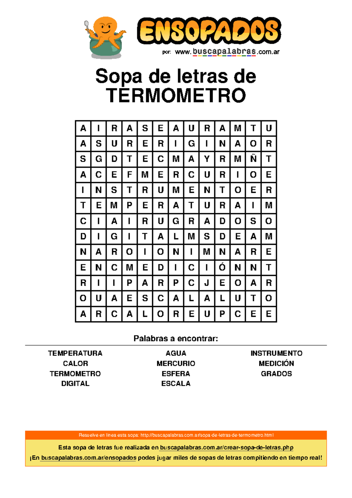 Sopa de letras de termometro - Sopa de letras de TERMOMETRO A I R A S E ...