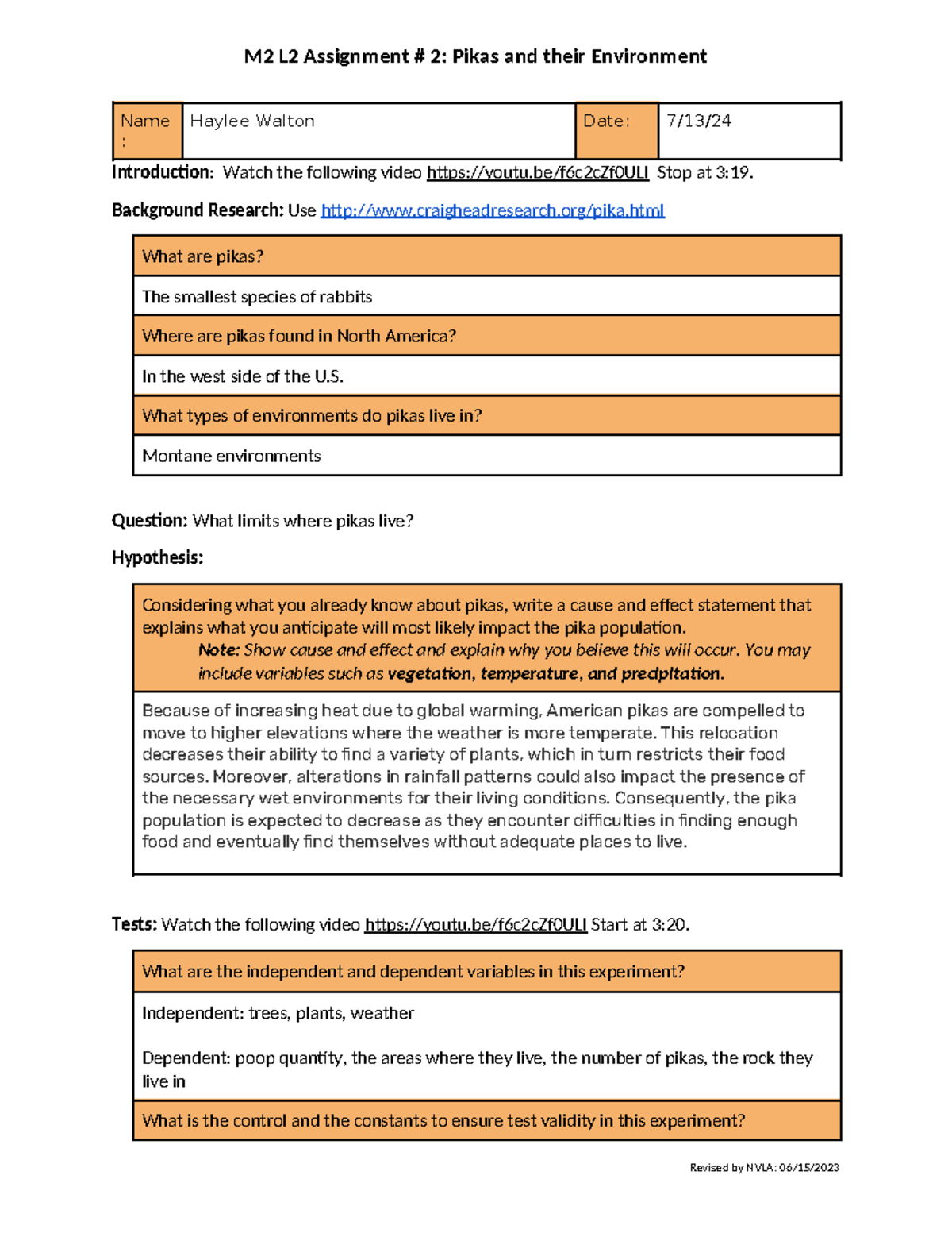 Copy of M2 L2 Assignment # 2 Pikas and Their Environment - Name : Haylee Walton Date: 7/13 ...