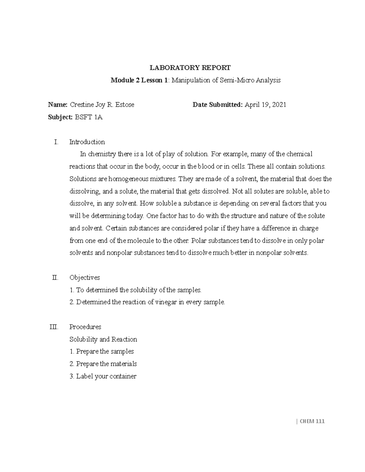 Laboratory Report on Experiment - | CHEM 111 LABORATORY REPORT Module 2 ...