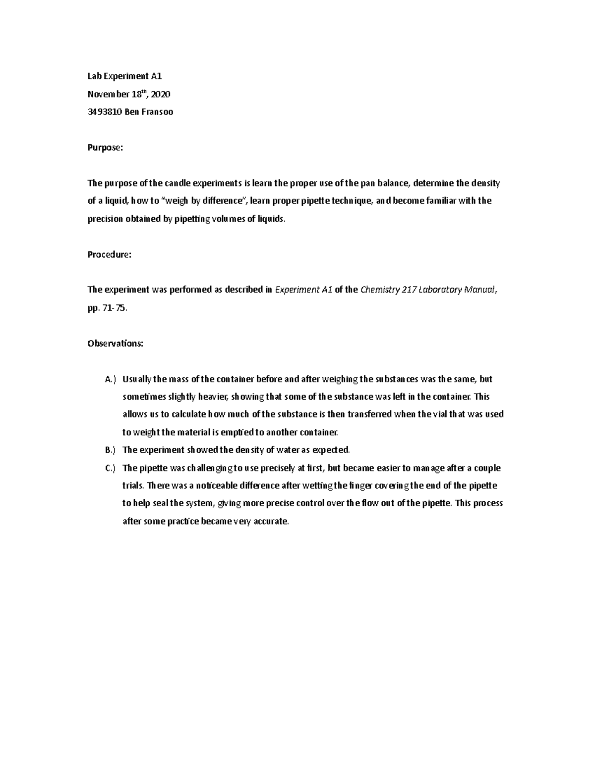 Chem 217 Lab 1 Report - Lab Experiment A November 18th, 2020 3493810 ...