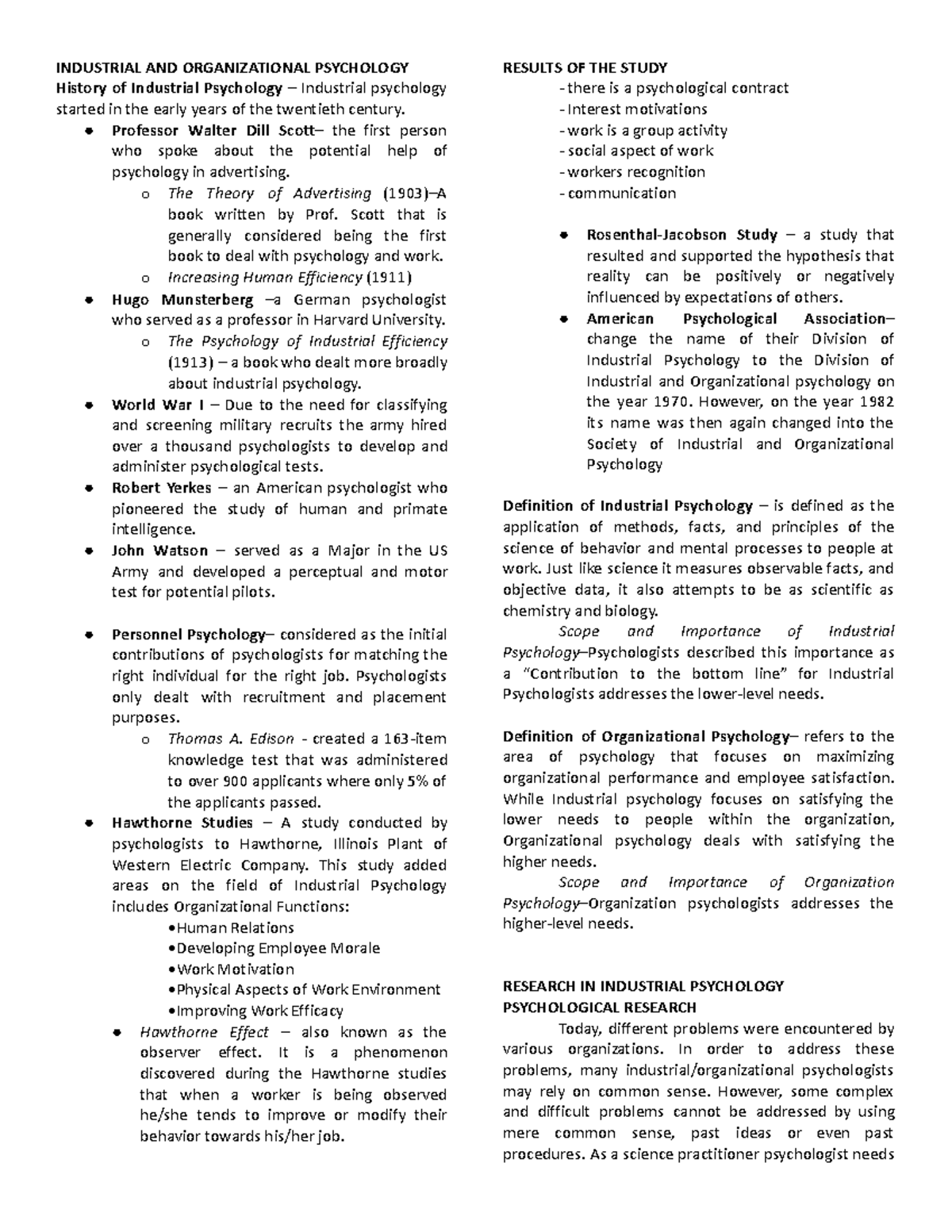 IO Psychology Notes - INDUSTRIAL AND ORGANIZATIONAL PSYCHOLOGY History ...