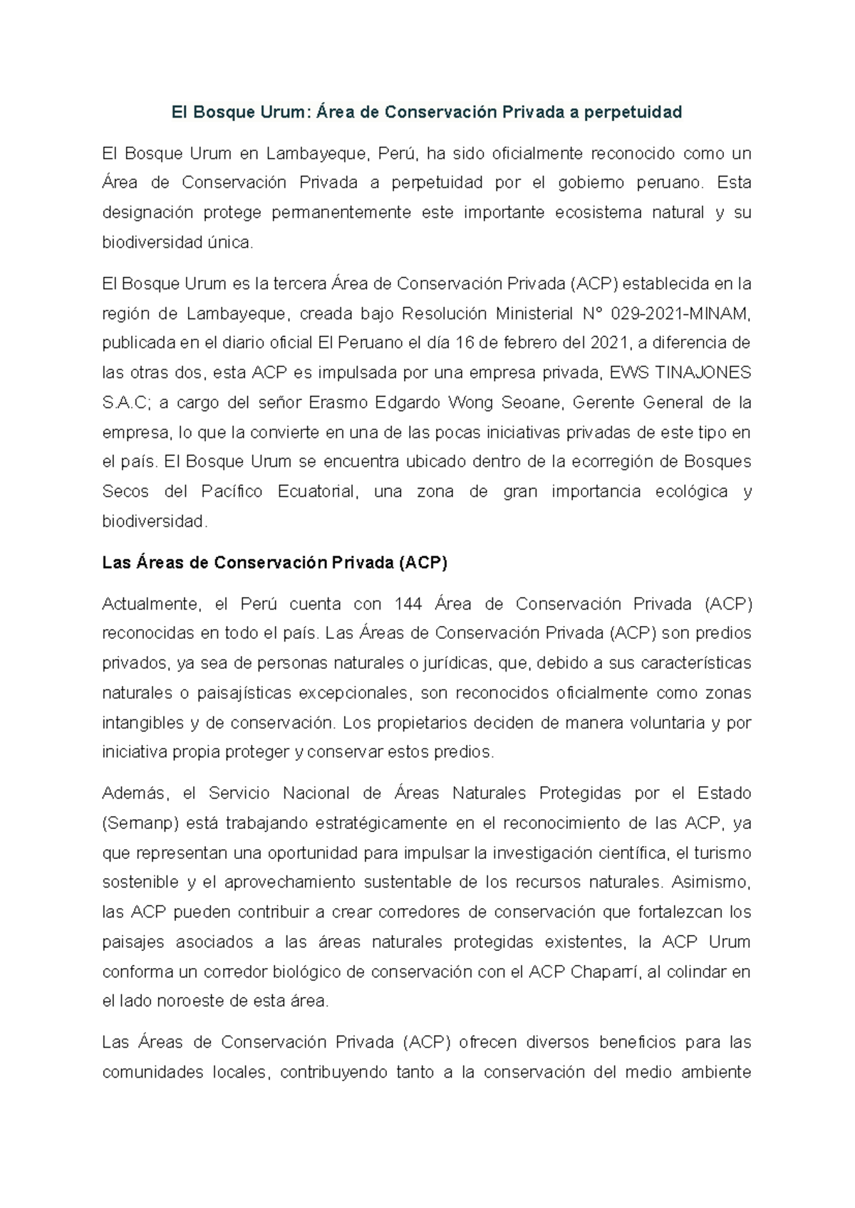 Bosque URUM Lambayeque - El Bosque Urum: Área de Conservación Privada a ...