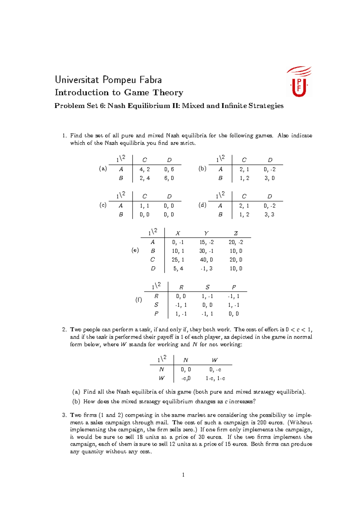 Gt Problem Set 6 Problem Set 6 2020 Universitat Pompeu Fabra Introduction To Game Theory