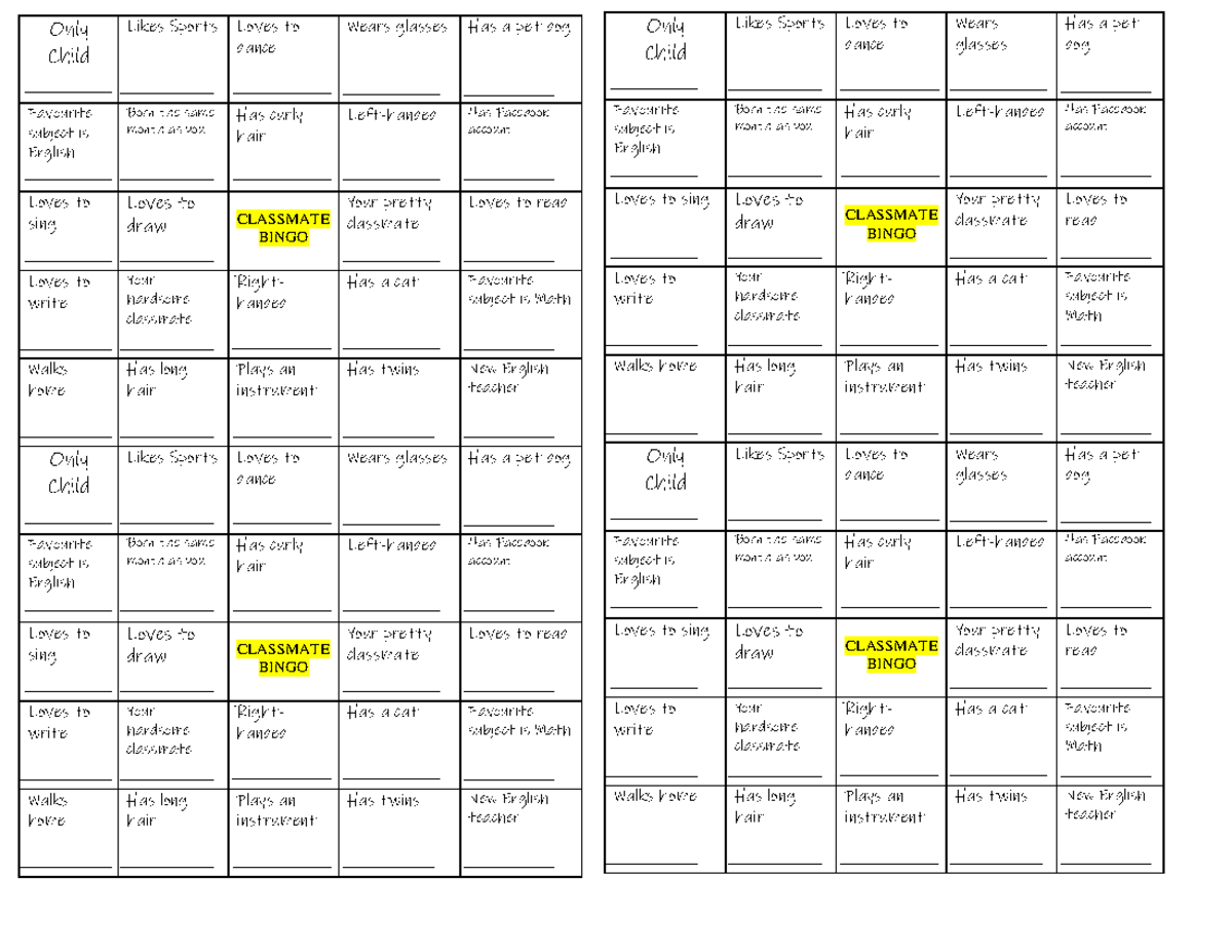 Classmate Bingo - Fun games for getting to know each other - Only Child ...