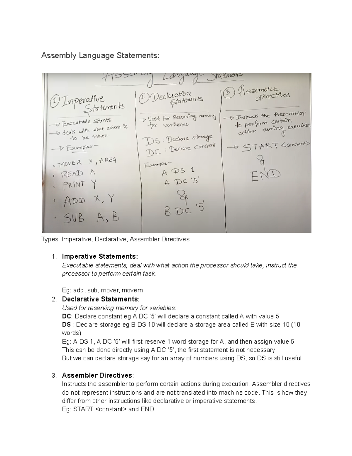 SPOS Notes - Assembly Language Statements: ####### Types: Imperative ...