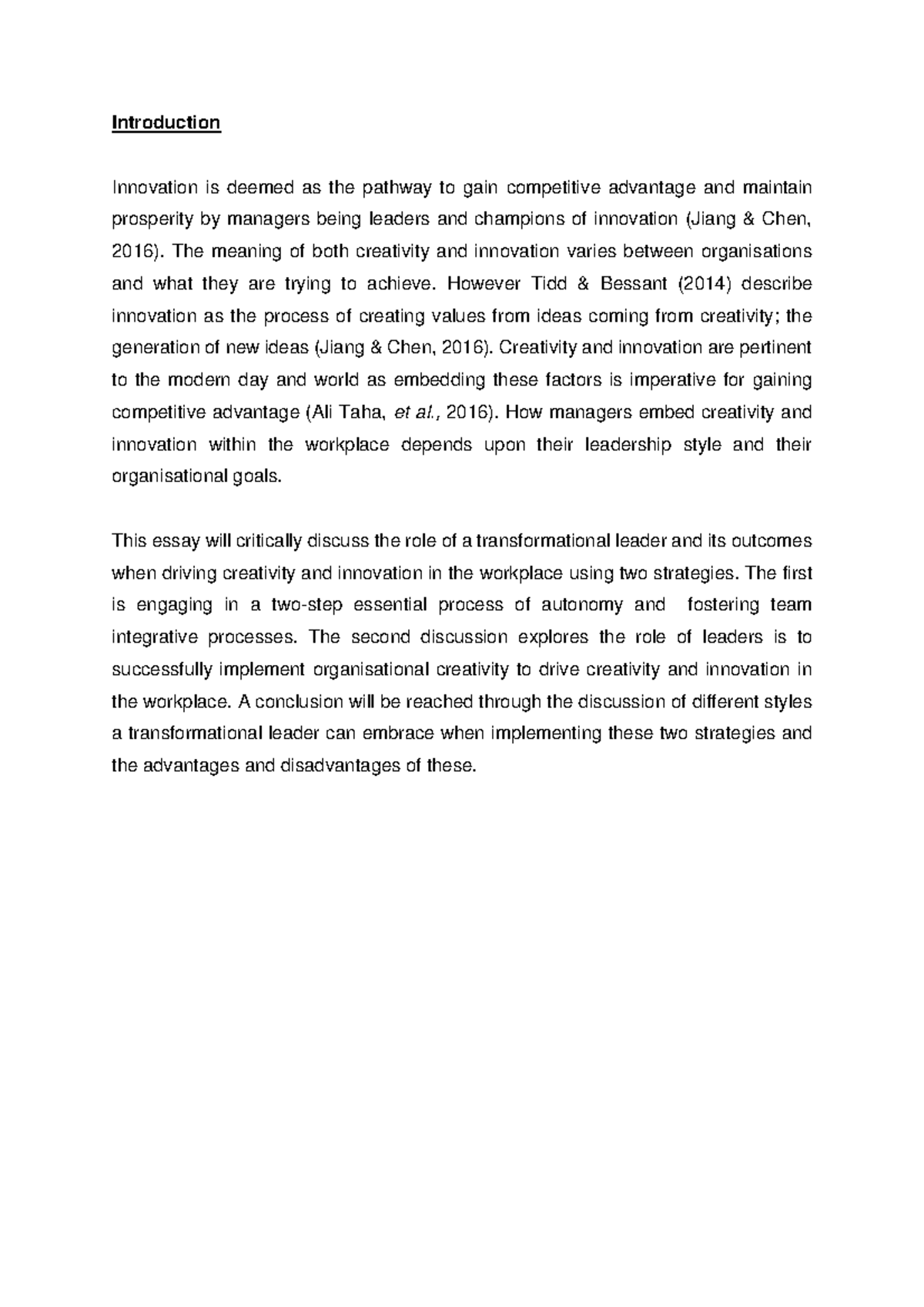 Example Essay Leadership - Introduction Innovation is deemed as the ...