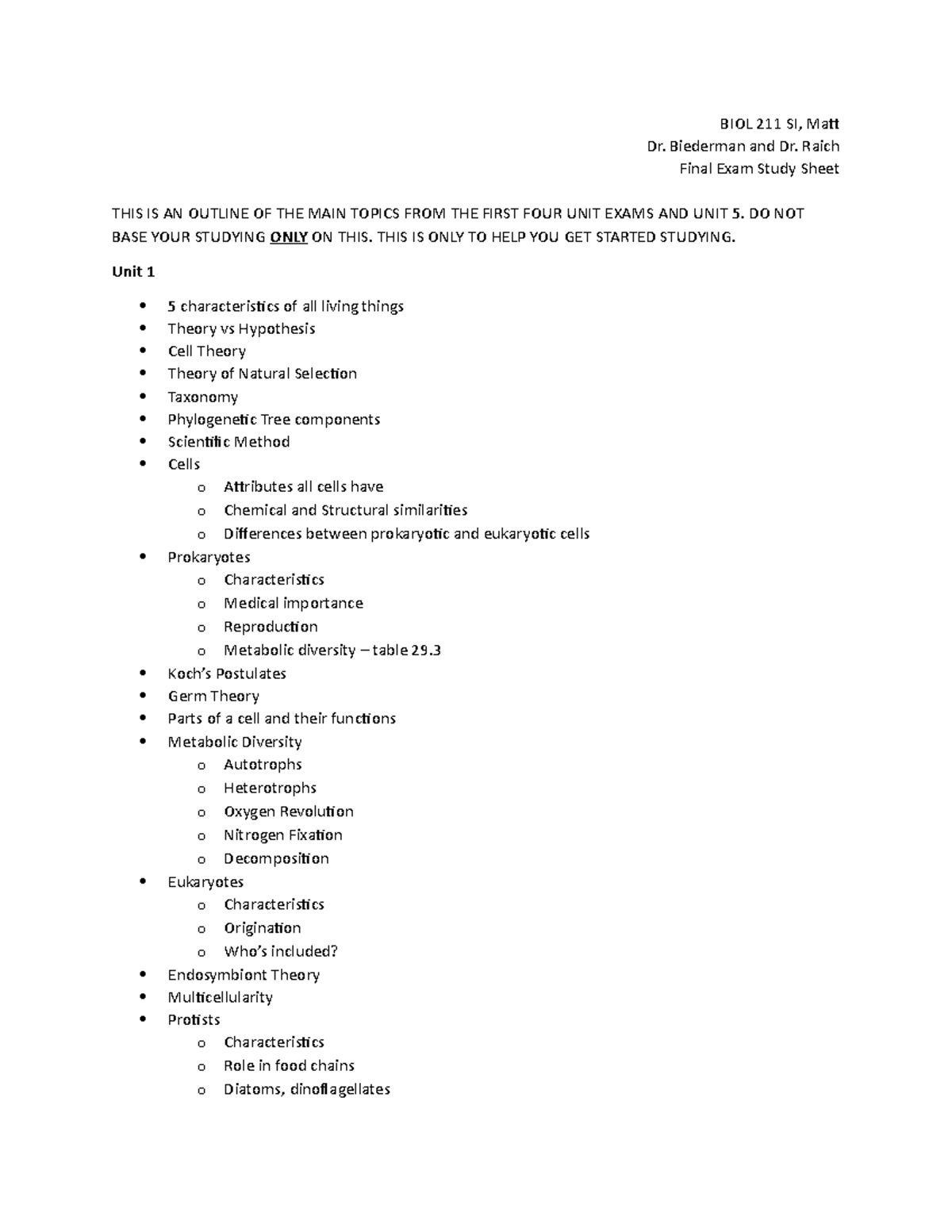 Study sheet - Summary Prin Of Biology I - BIOL 211 SI, Matt Dr ...