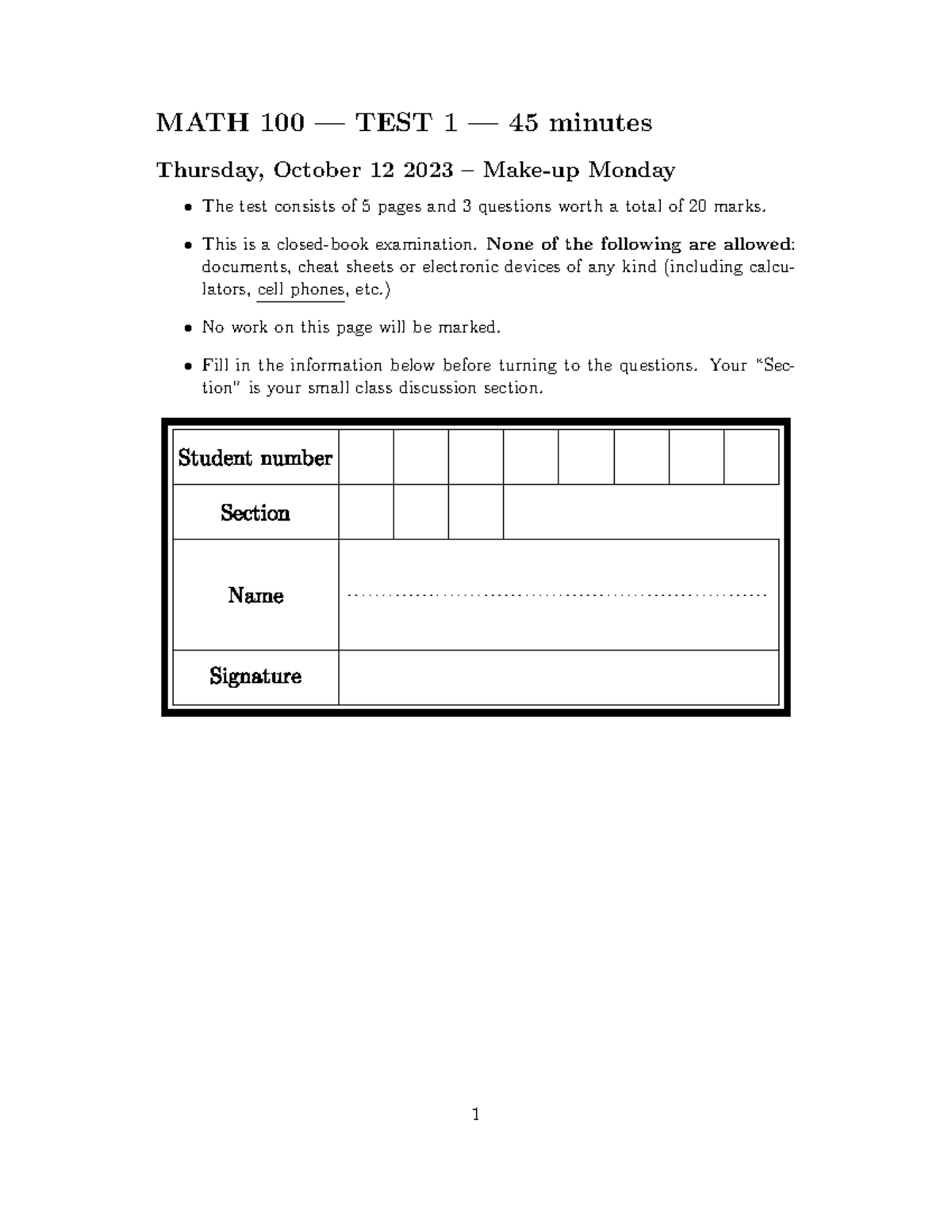 MT1 MATH 100B Solutions - MATH 100 — TEST 1 — 45 minutes Thursday ...