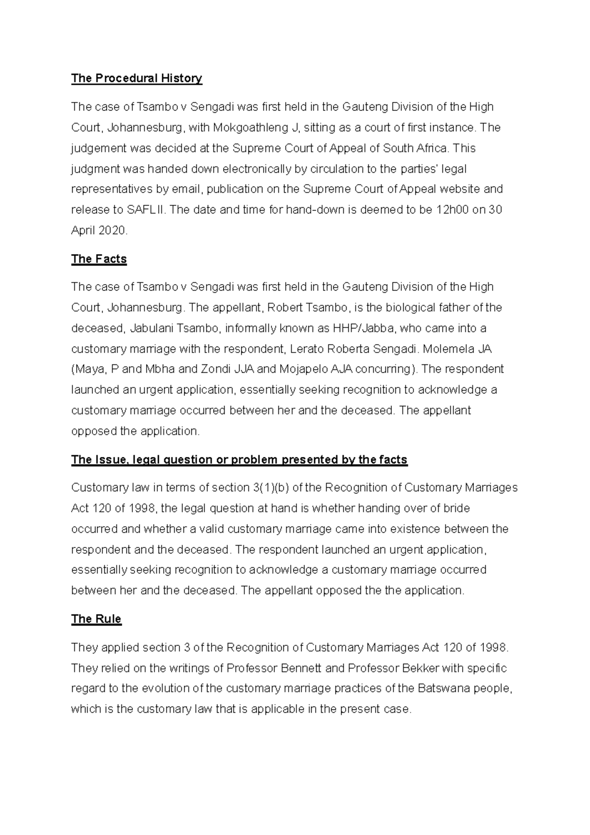 Example of a Case summary - The Procedural History The case of Tsambo v ...
