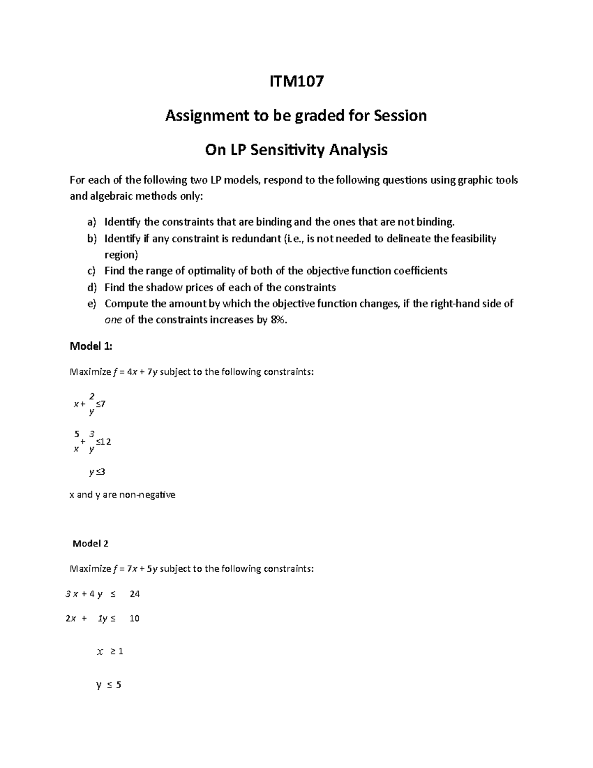 Tutorial 6 - ITM Assignment to be graded for Session On LP Sensitivity Analysis For each of the ...