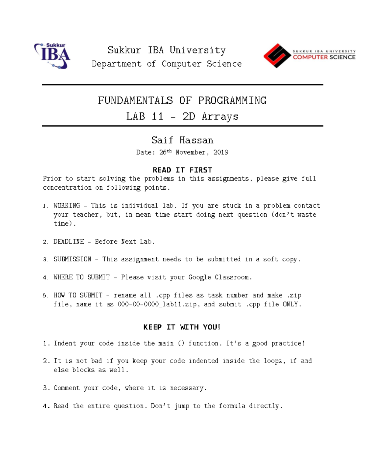 Lab 11 cs121 programming C++ - Sukkur IBA University Department of Computer Science FUNDAMENTALS ...