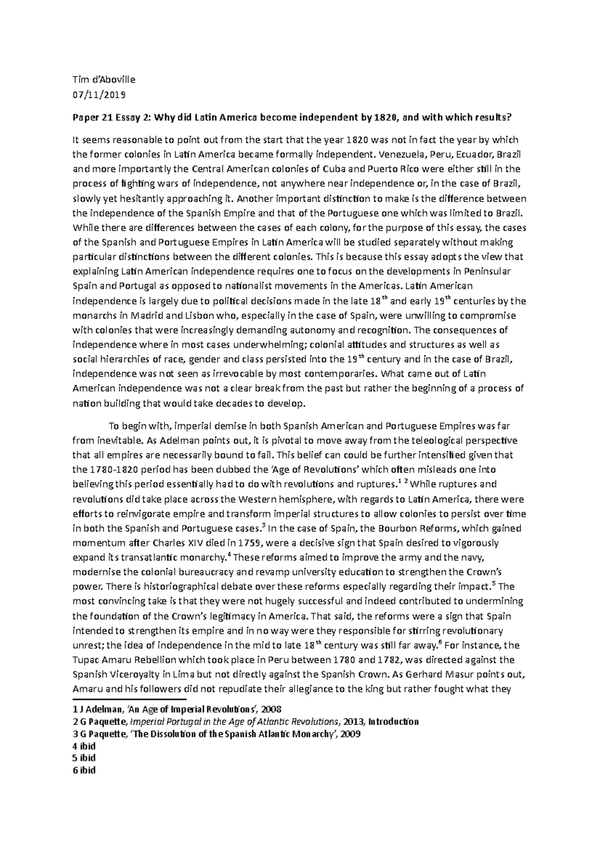 Latin American Independance Essay - Tim d’Aboville 07/11/ Paper 21 ...