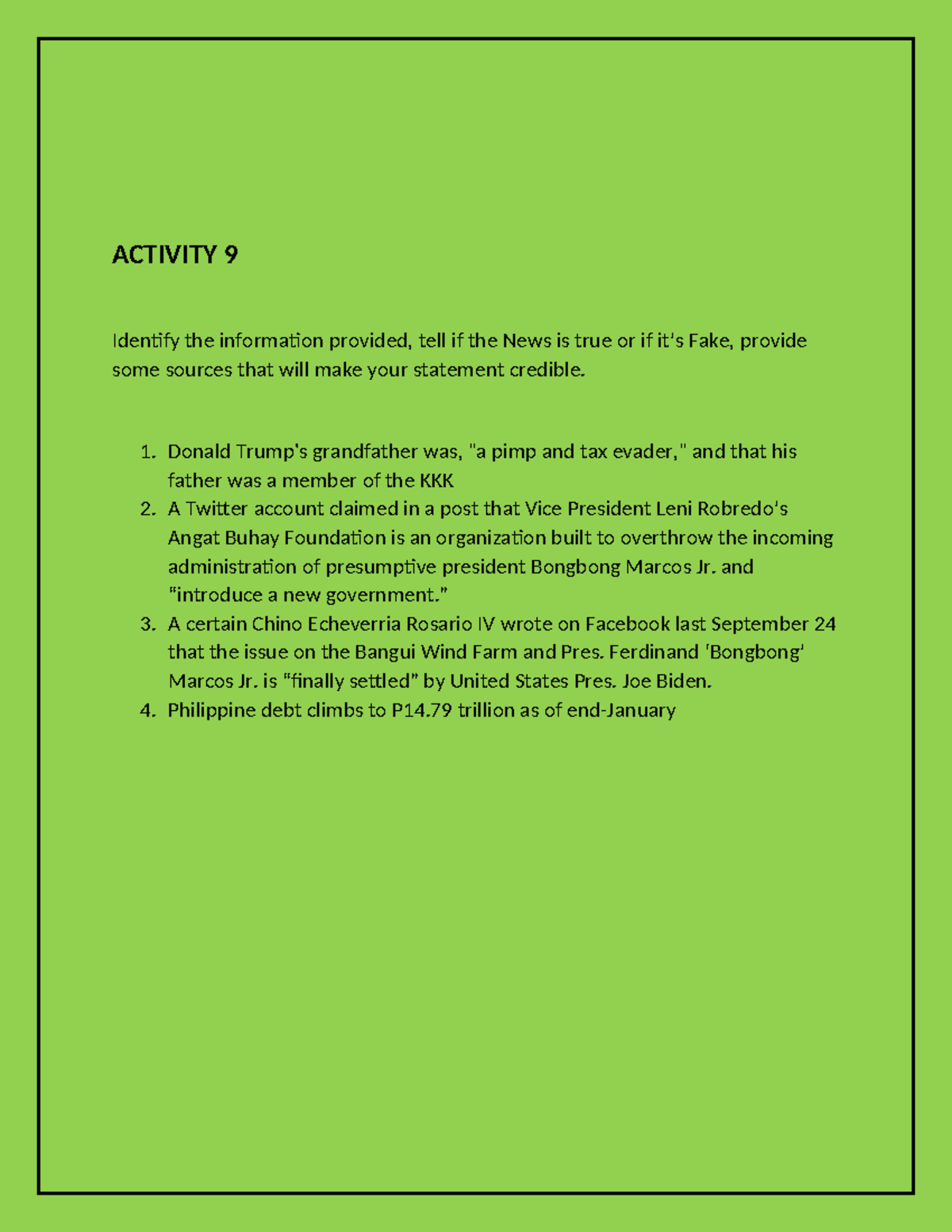 Activity 9 Identification - ACTIVITY 9 Identify the information ...