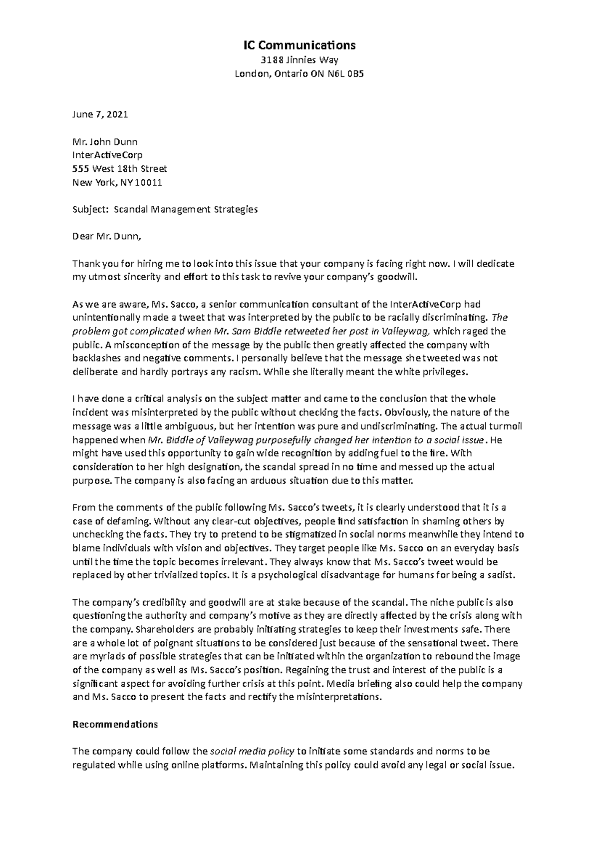 Social media indirect letter - IC Communications 3188 Jinnies Way ...