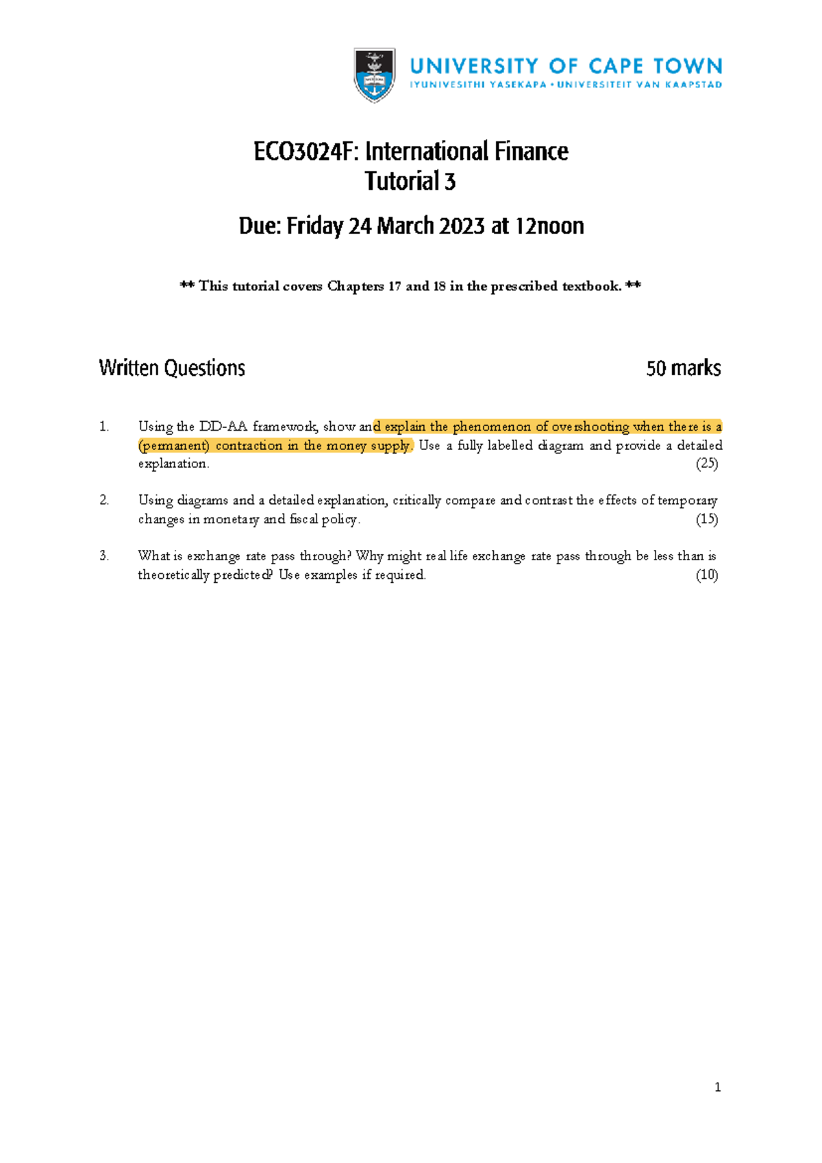 ECO3024F Tutorial 3 2023 - 1 ** This tutorial covers Chapters 1 7 and 1 ...