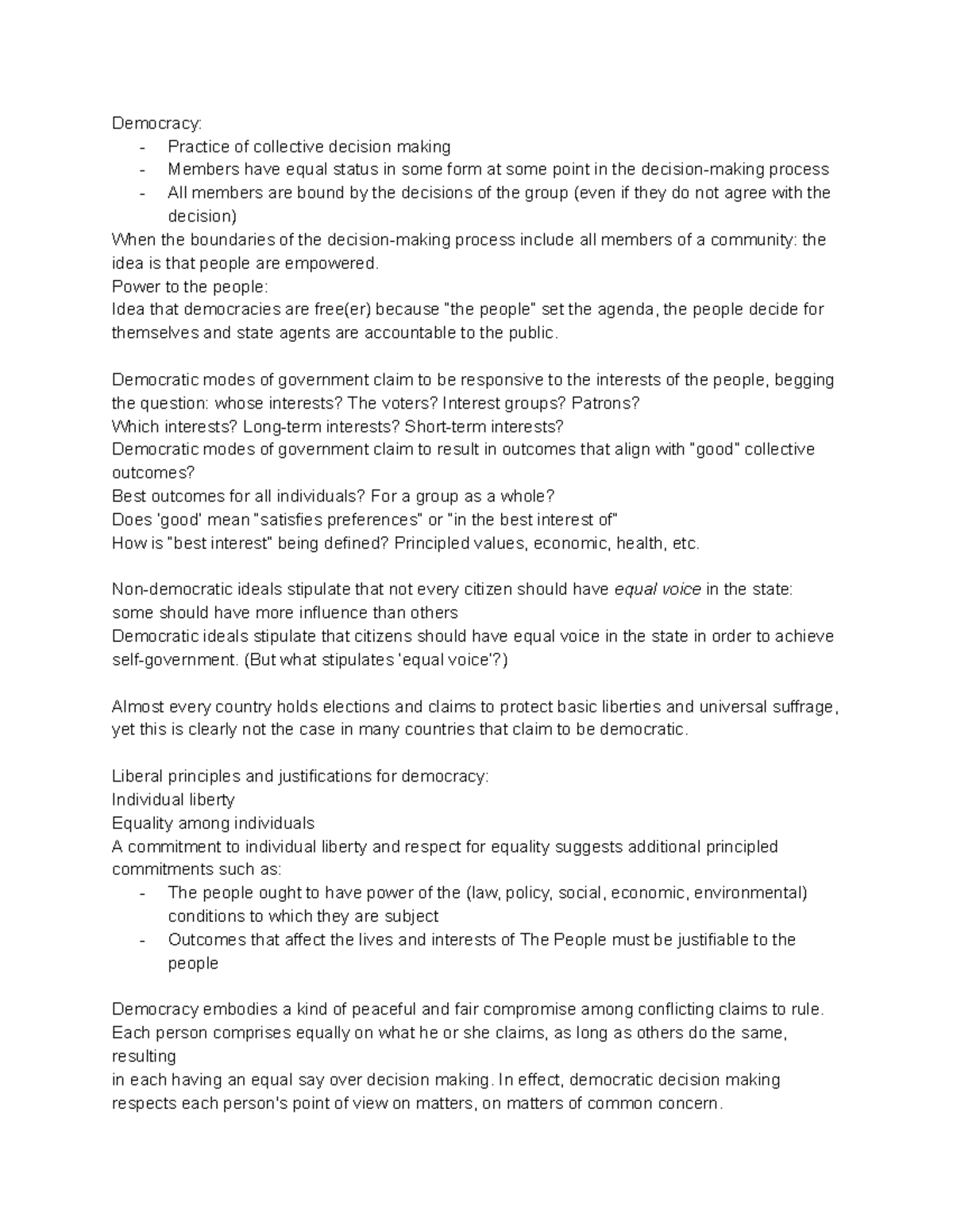 POLS112 Democracy 1 - Democracy: - Practice of collective decision ...