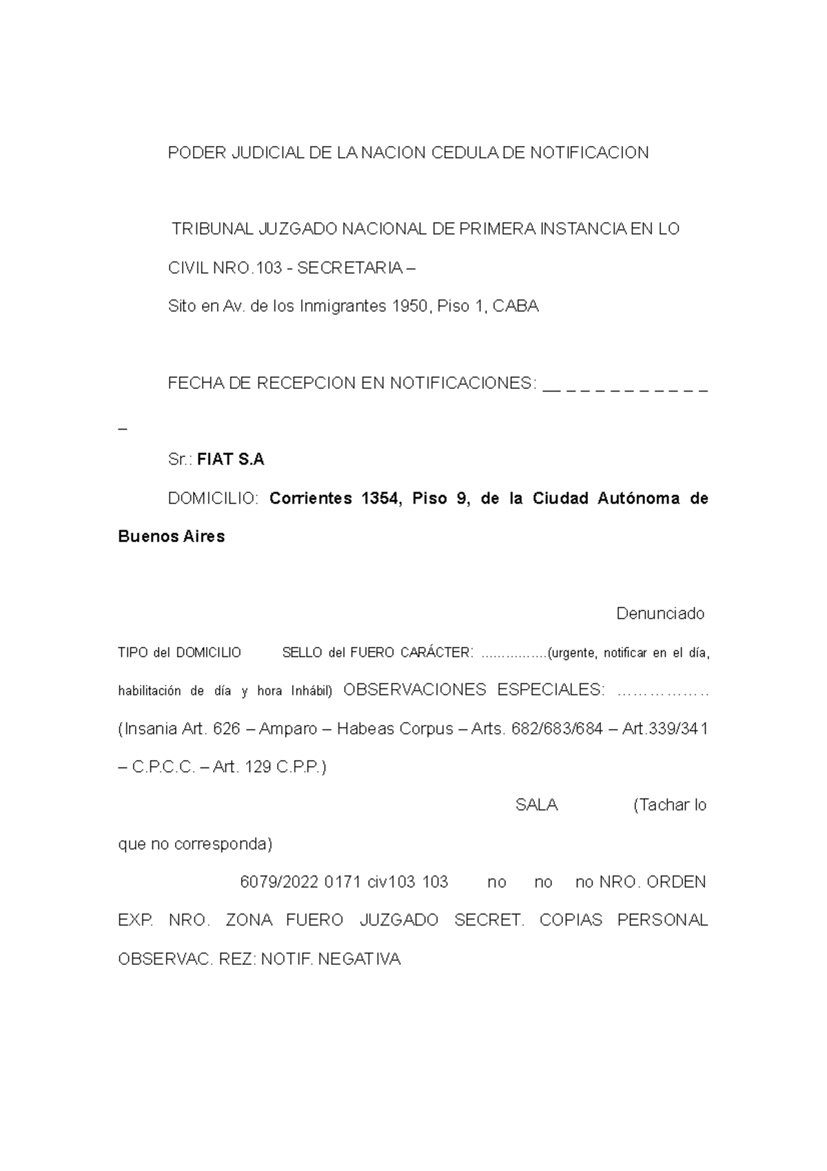 PPA 1 trabajo 1 - PODER JUDICIAL DE LA NACION CEDULA DE NOTIFICACION ...