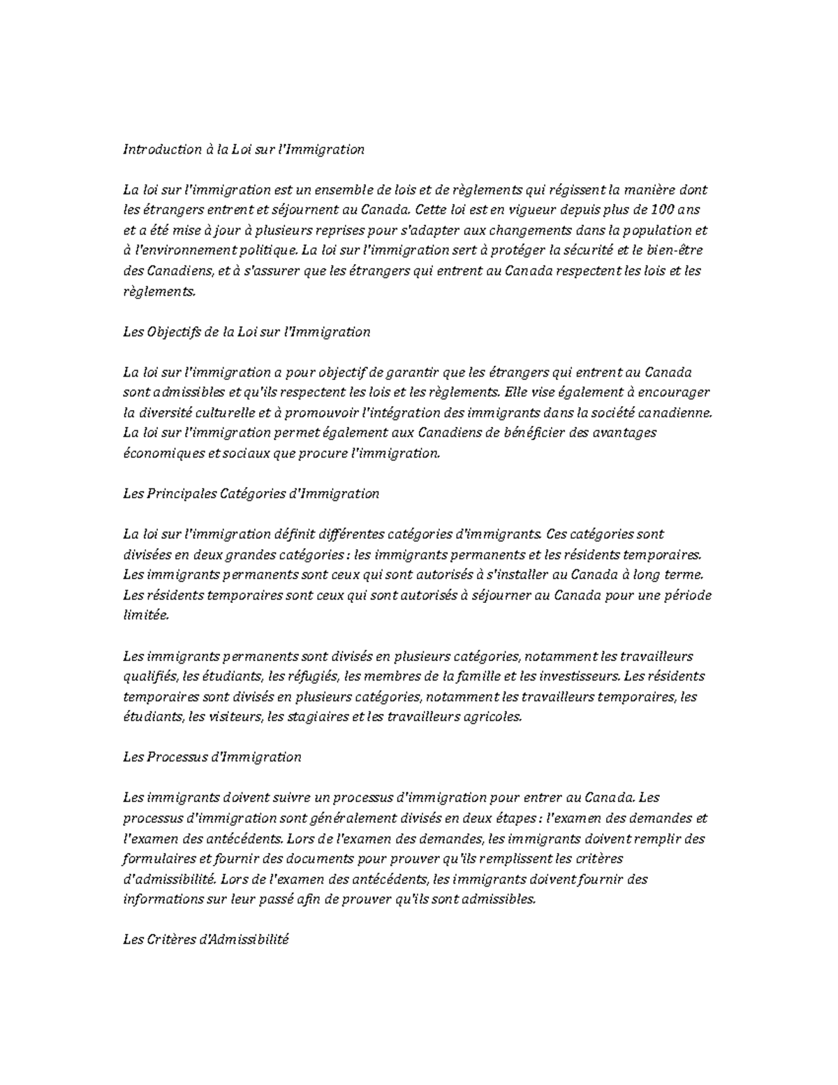 Immigration Law notes de lecture - Introduction à la Loi sur l ...