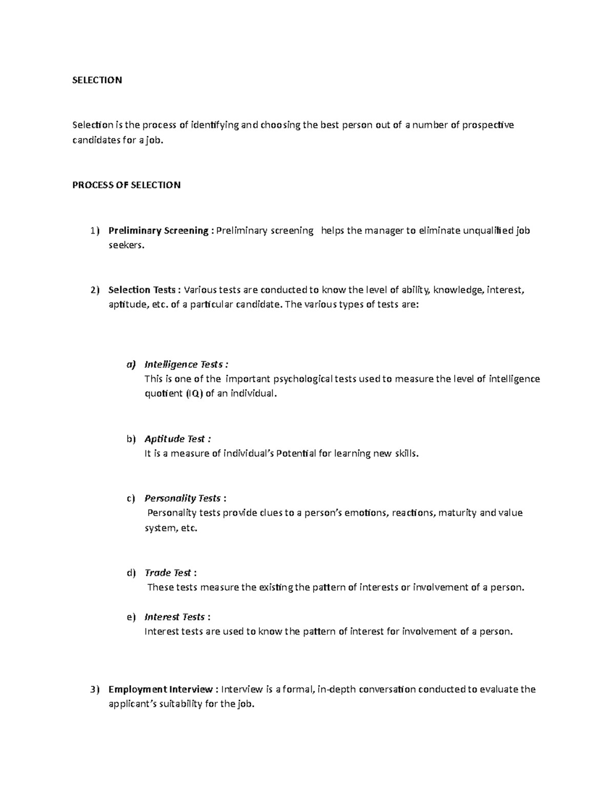 Process of selection - Business studies - SELECTION Selection is the ...