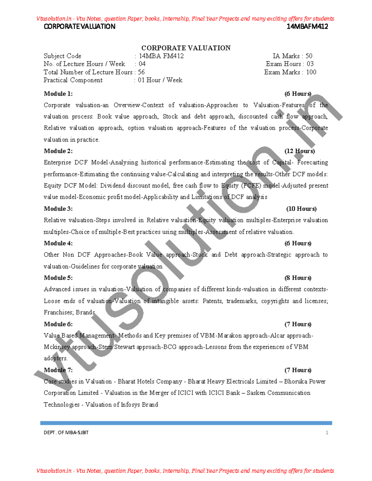 Mba CV - CORPORATE VALUATION 14 MBAFM 412 DEPT. OF MBA-SJBIT 1 ...