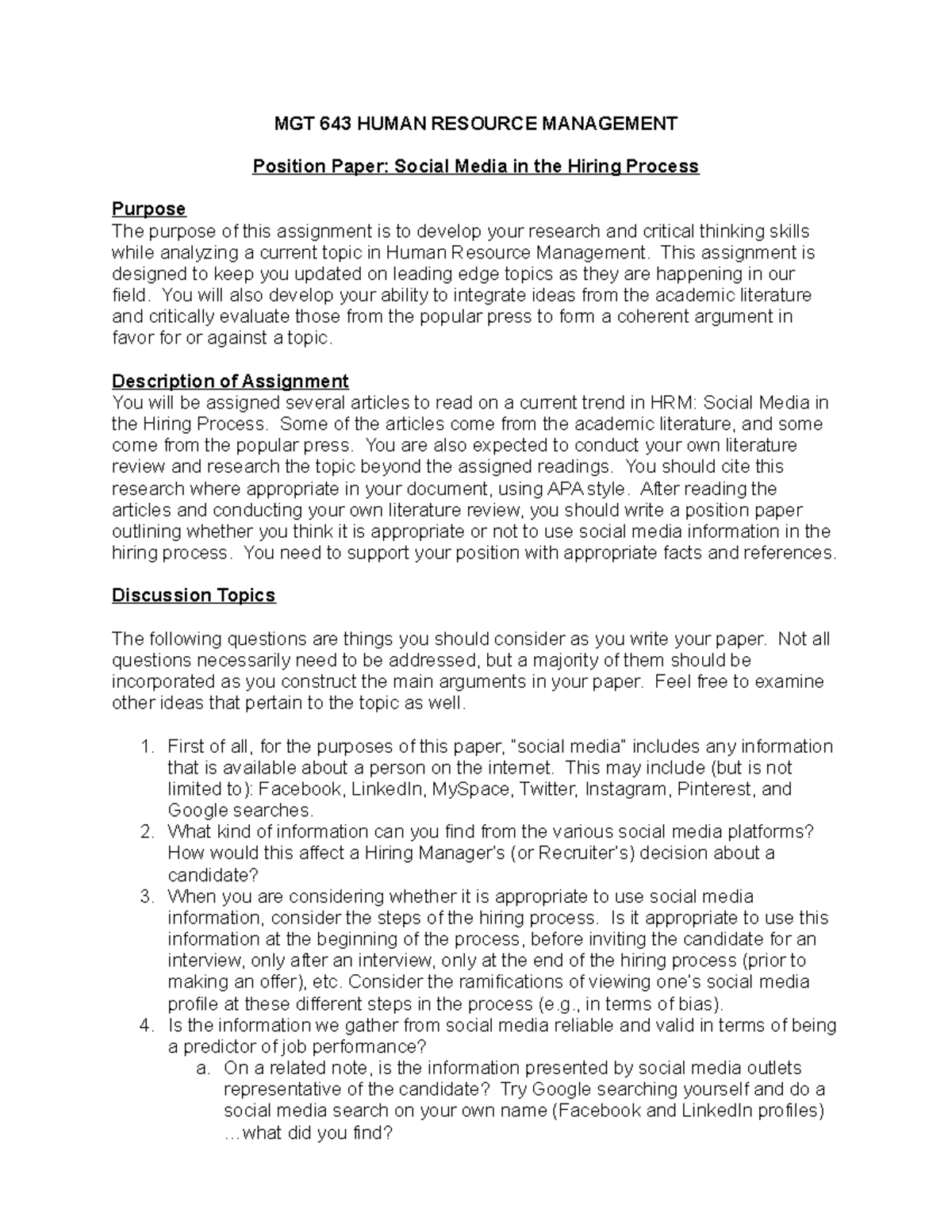 Position Paper Handout - MGT 643 HUMAN RESOURCE MANAGEMENT Position ...