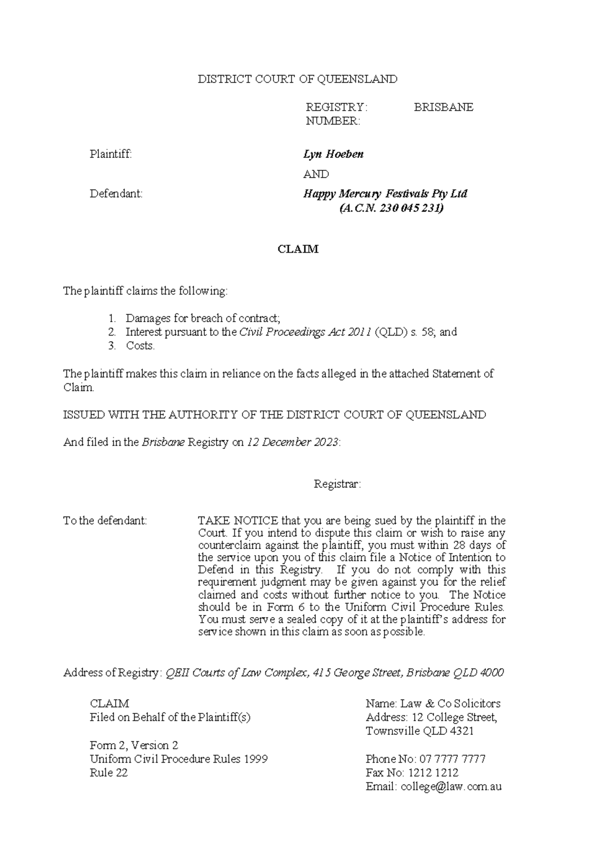 Form 2 Claim - DISTRICT COURT OF QUEENSLAND REGISTRY: BRISBANE NUMBER ...