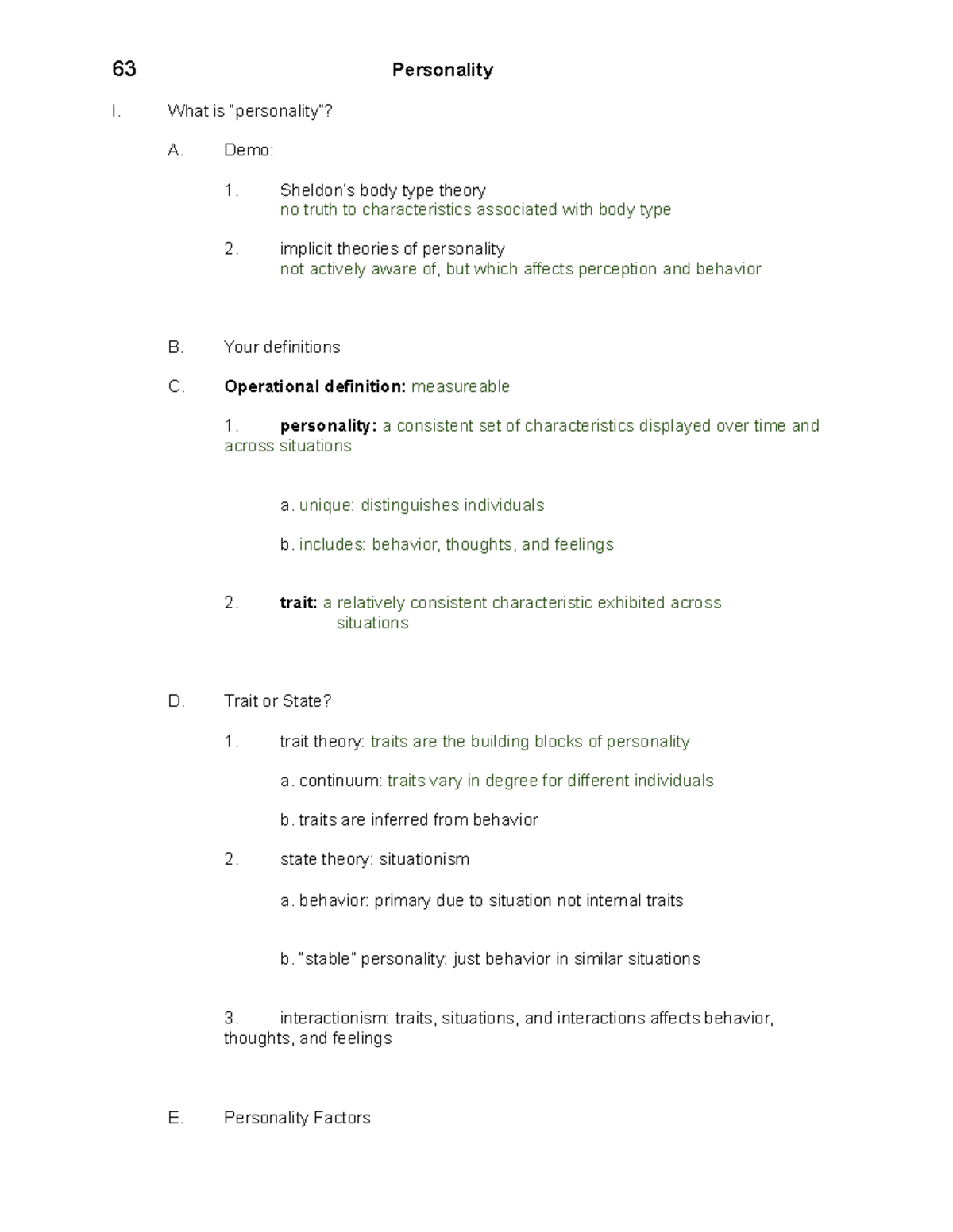 Personality Outline For Exam 1 Notes 63 I Personality What Is