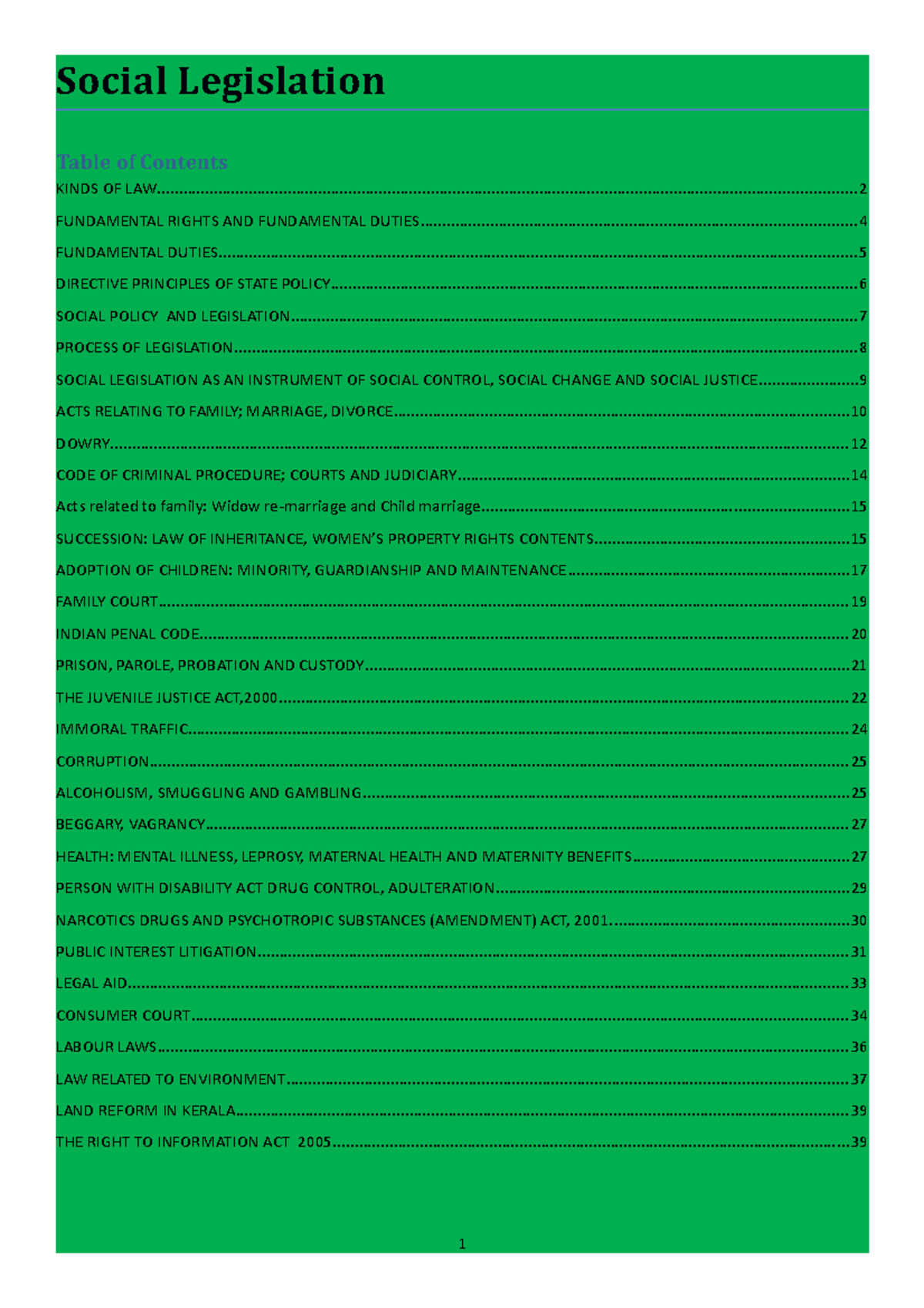 Sacial Legislation - Social Legislation KINDS OF - Studocu