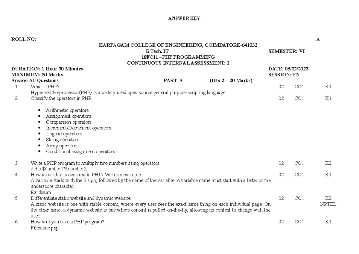 18FC11- CIA 1 QP PHP Set A - ANSWER KEY ROLL NO: A KARPAGAM COLLEGE OF ...