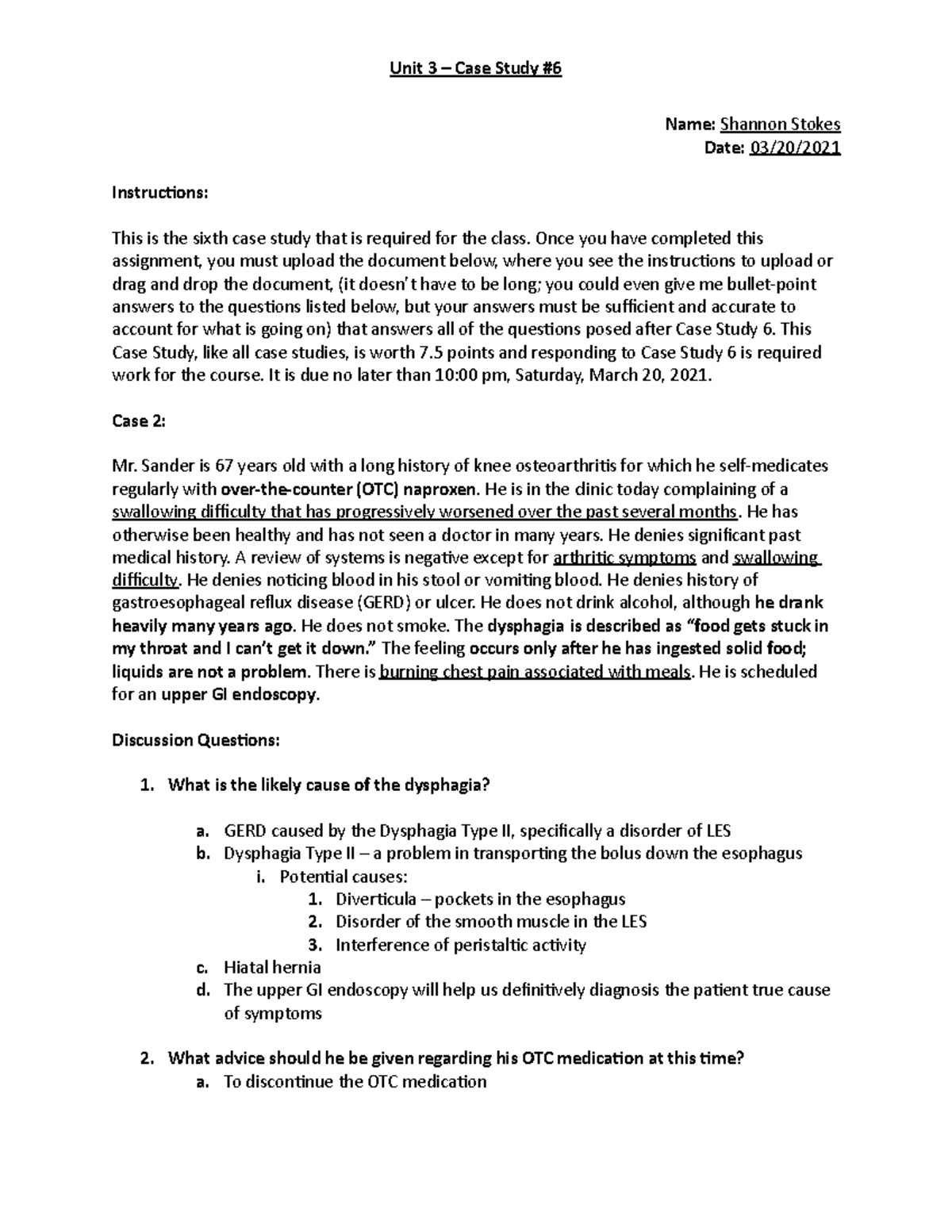 Case Study 6 (Unit 3) - Digestive System - Shannon Stokes - Unit 3 ...