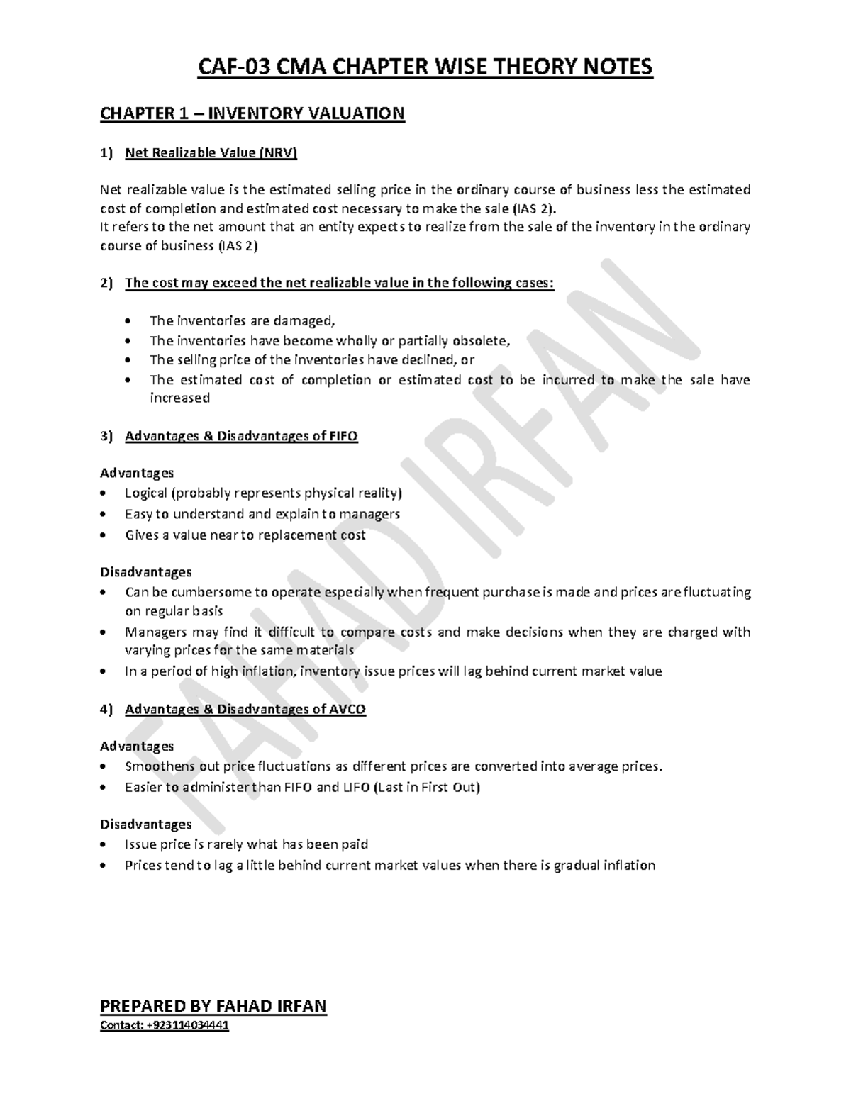 CAF-03 CMA Theory Notes Prepared BY Fahad Irfan - PREPARED BY FAHAD ...