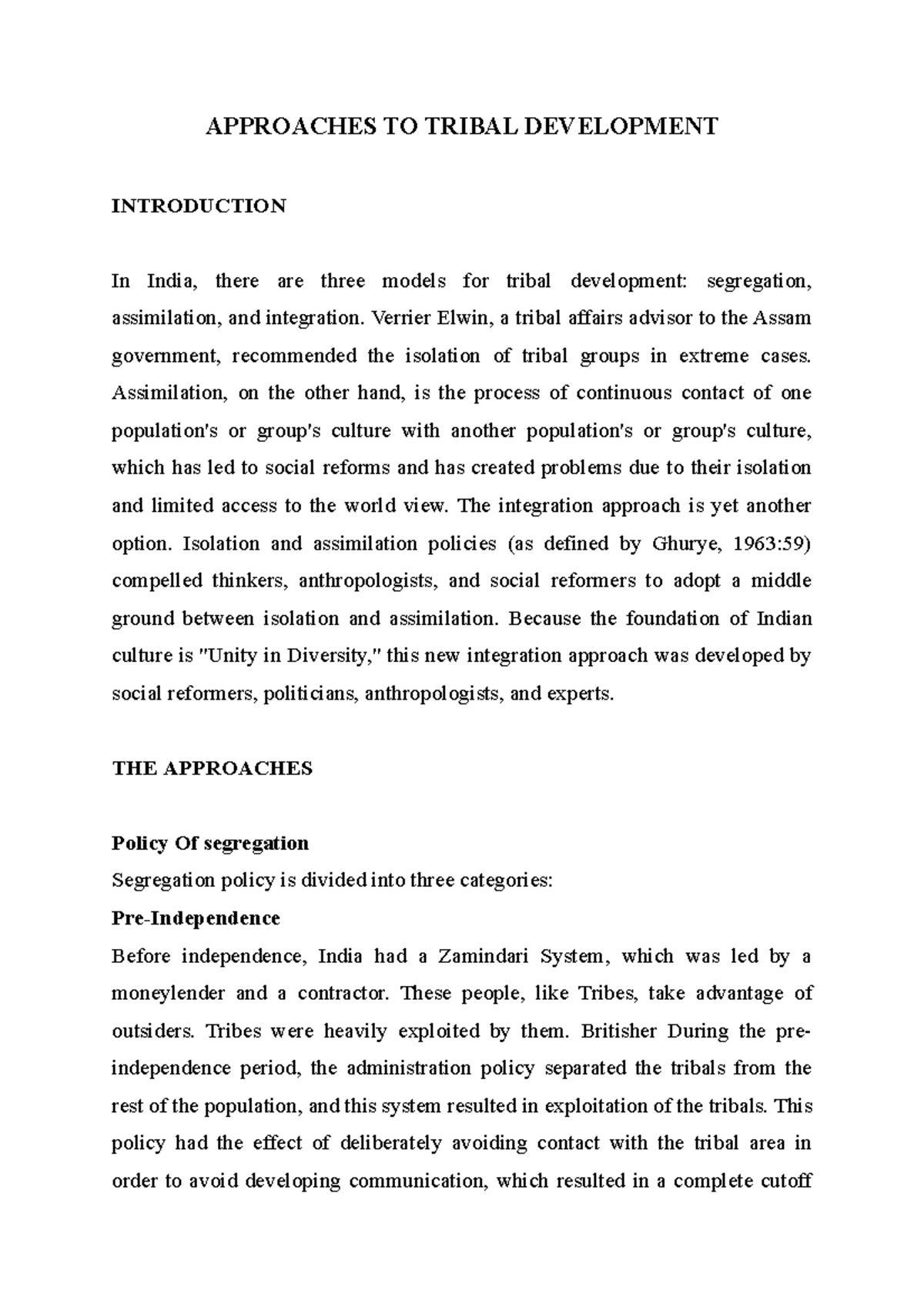 Approaches TO Tribal Development - Diploma in Tribal Studies - Studocu