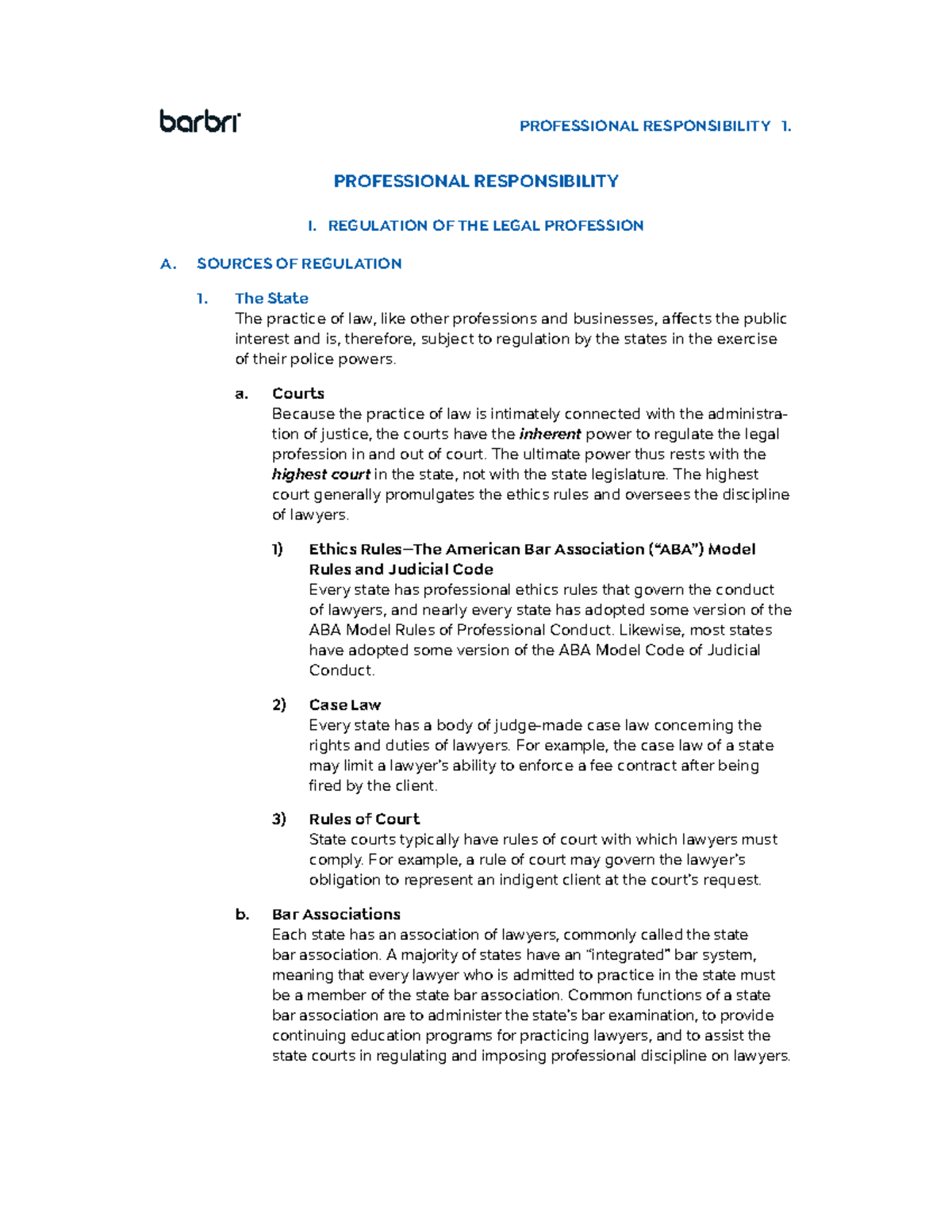 Ch 1 barbri PR - review materials - PROFESSIONAL RESPONSIBILITY 1. PROFESSIONAL RESPONSIBILITY I ...
