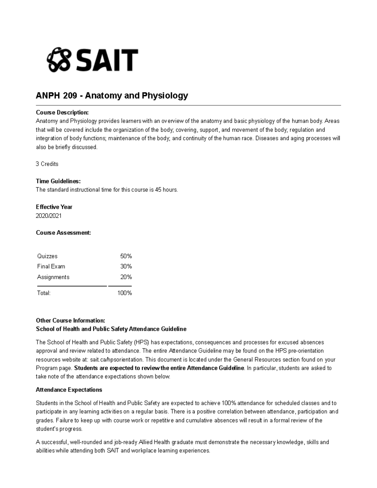 Example SAIT Anatomy Physiology ANPH209 Outline - ANPH 209 - Anatomy ...