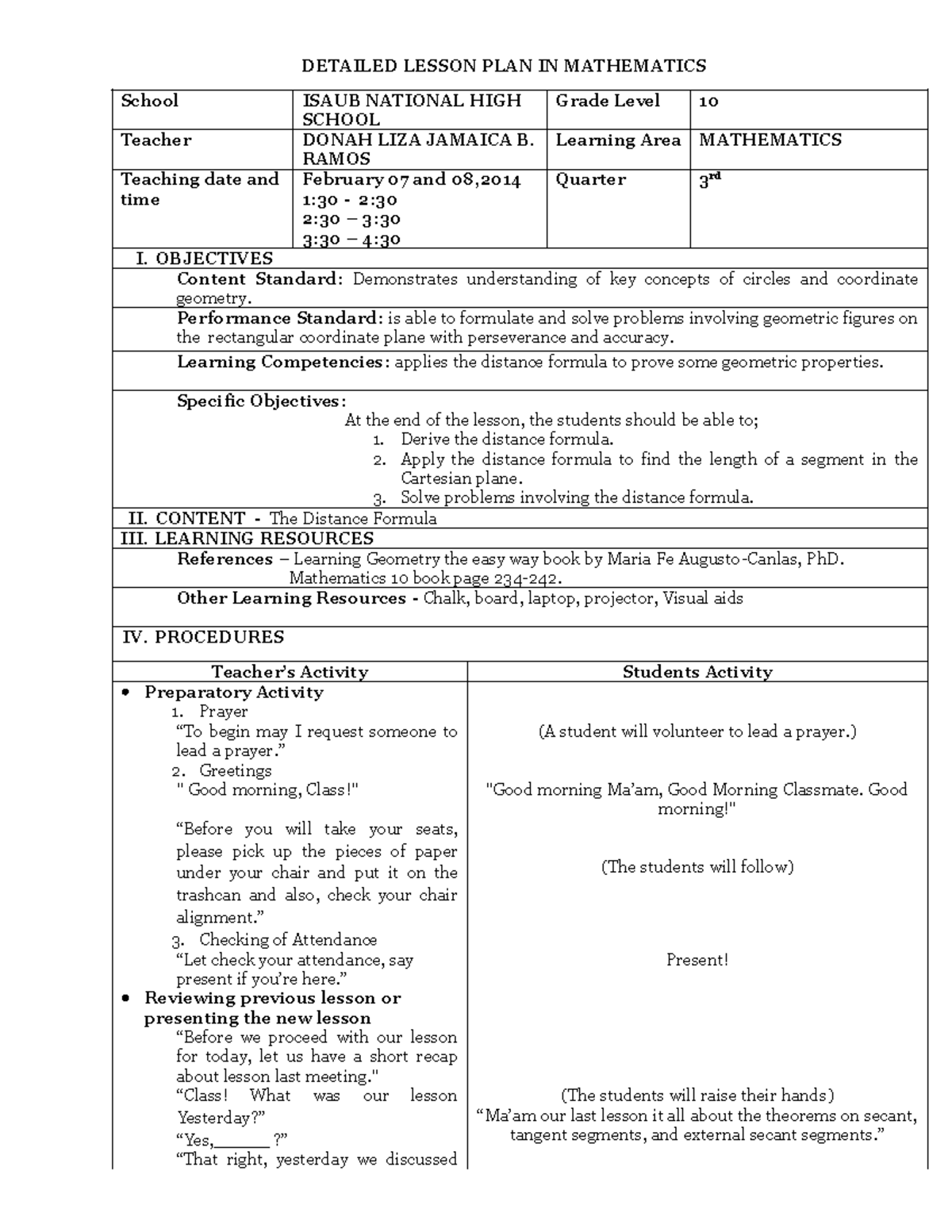 G10 lesson 1 distance - DETAILED LESSON PLAN IN MATHEMATICS School ...
