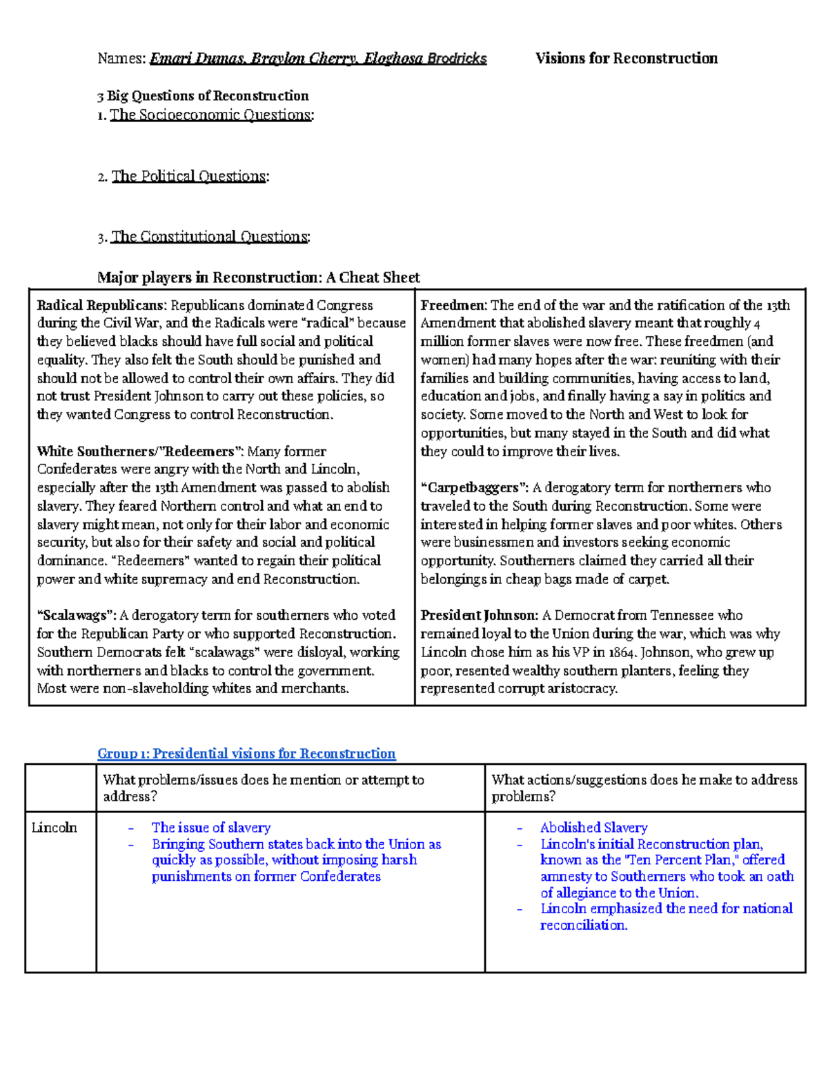 Visons for Reconstruction Handout EEB - 3 Big Questions of ...